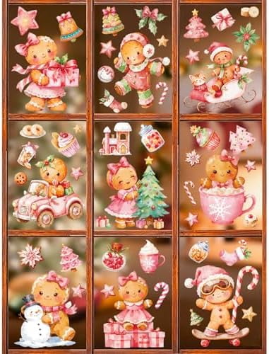 9 Sheets Christmas Window Cling Pink Gingerbread Man Reusable Window ...