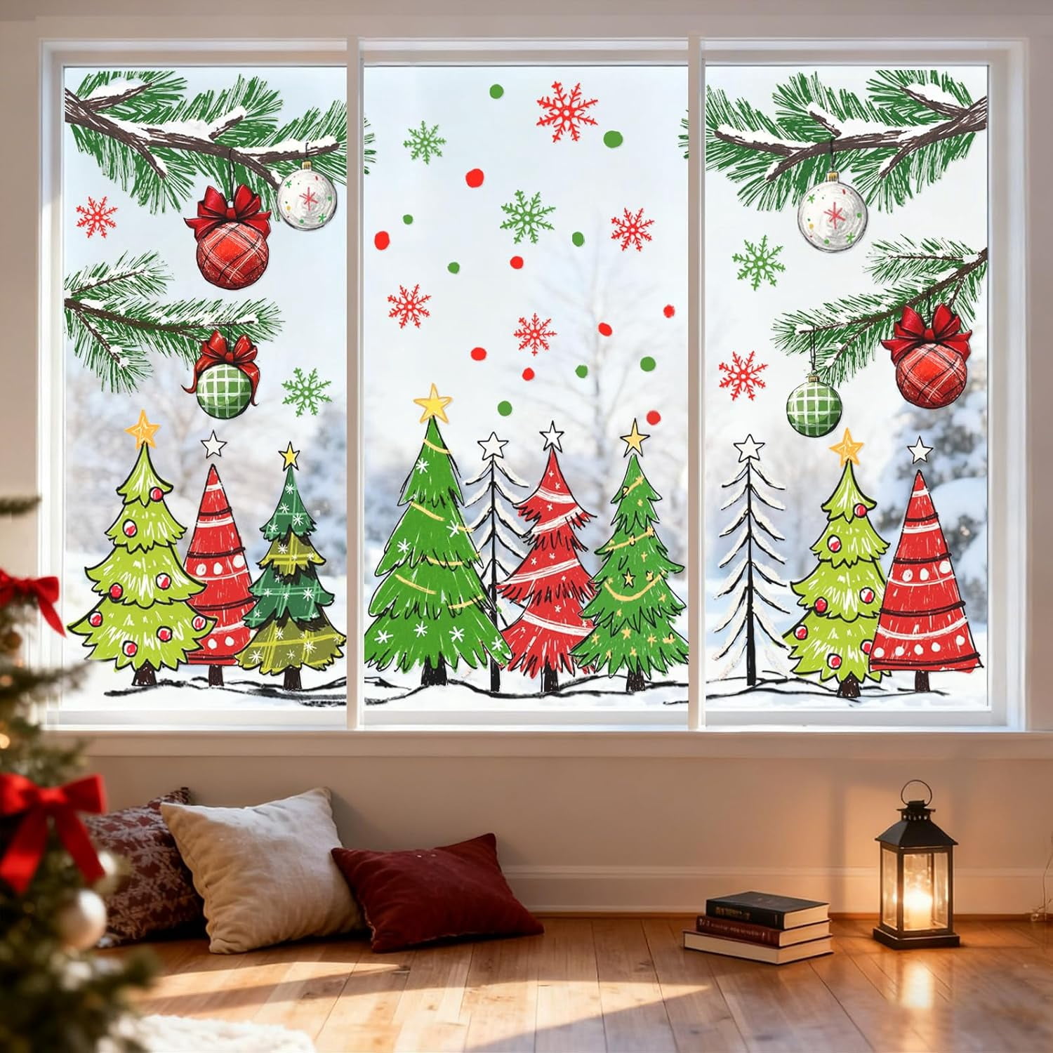 9 Sheets Christmas Window Clings Window Decal Red-Green Xmas Tree ...