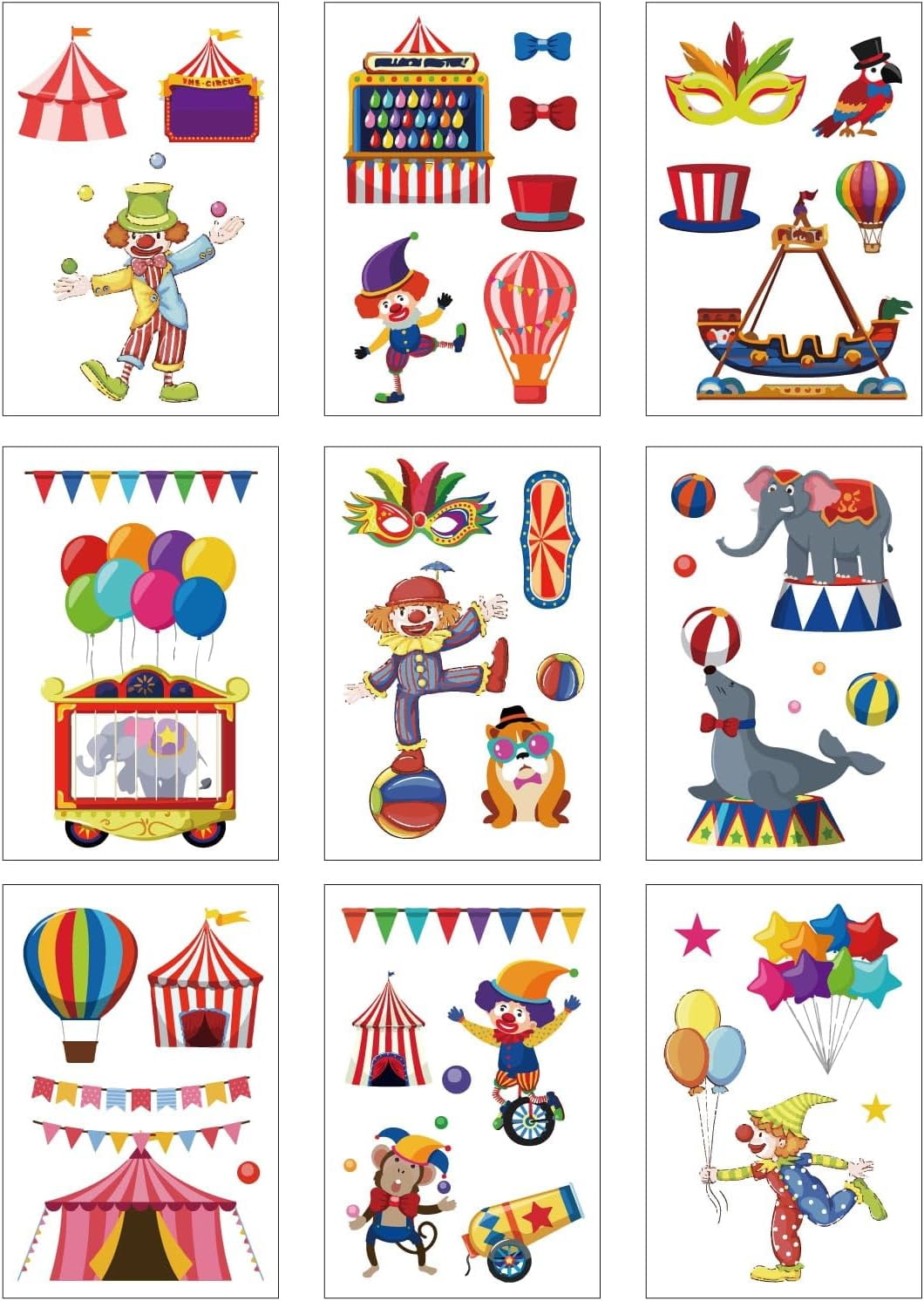 9 Sheets Circus Carnival Animals Window Clings Clown Amusement Park ...