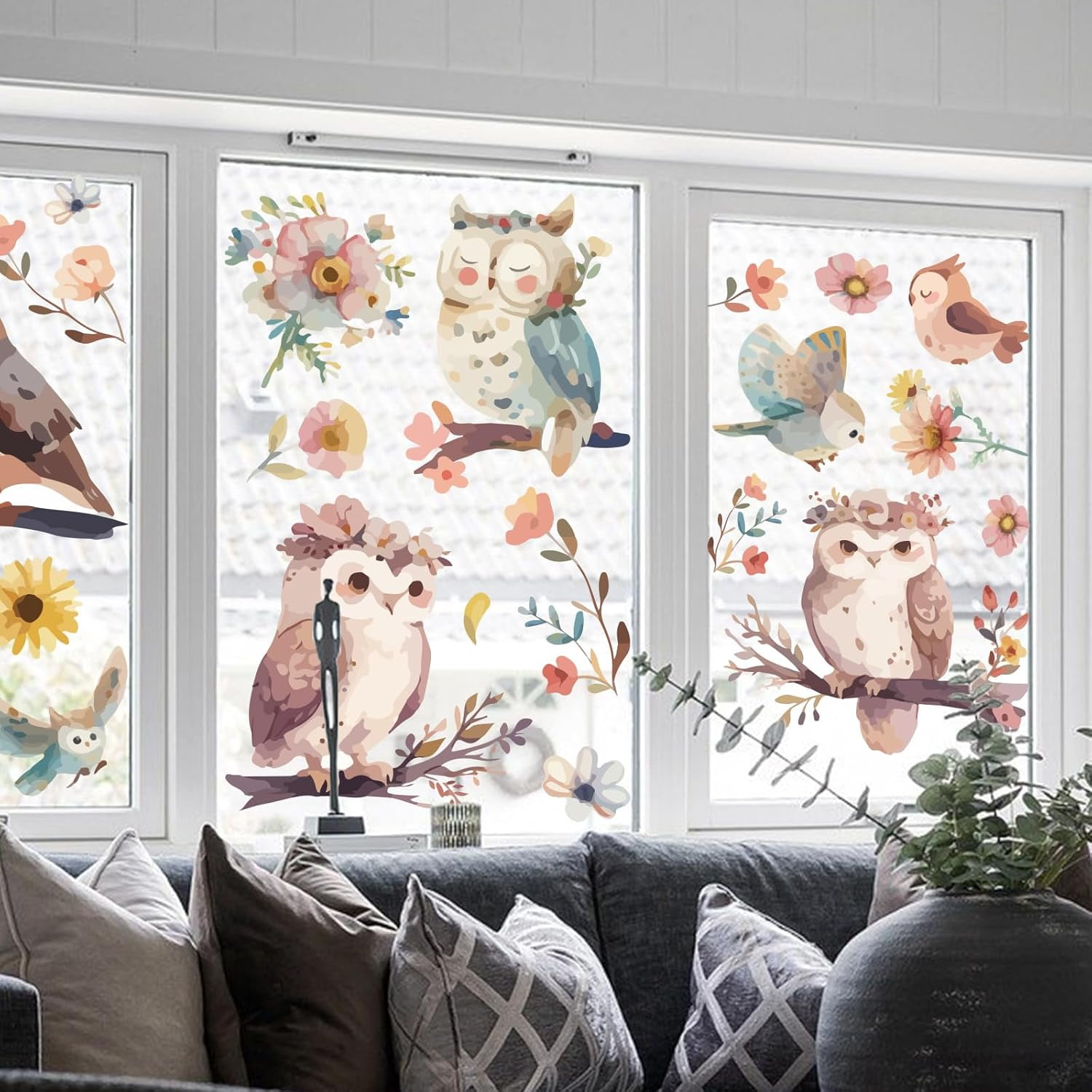 9 Sheets Cute Owl Window Cling Sticker Watercolor Flowers Window ...