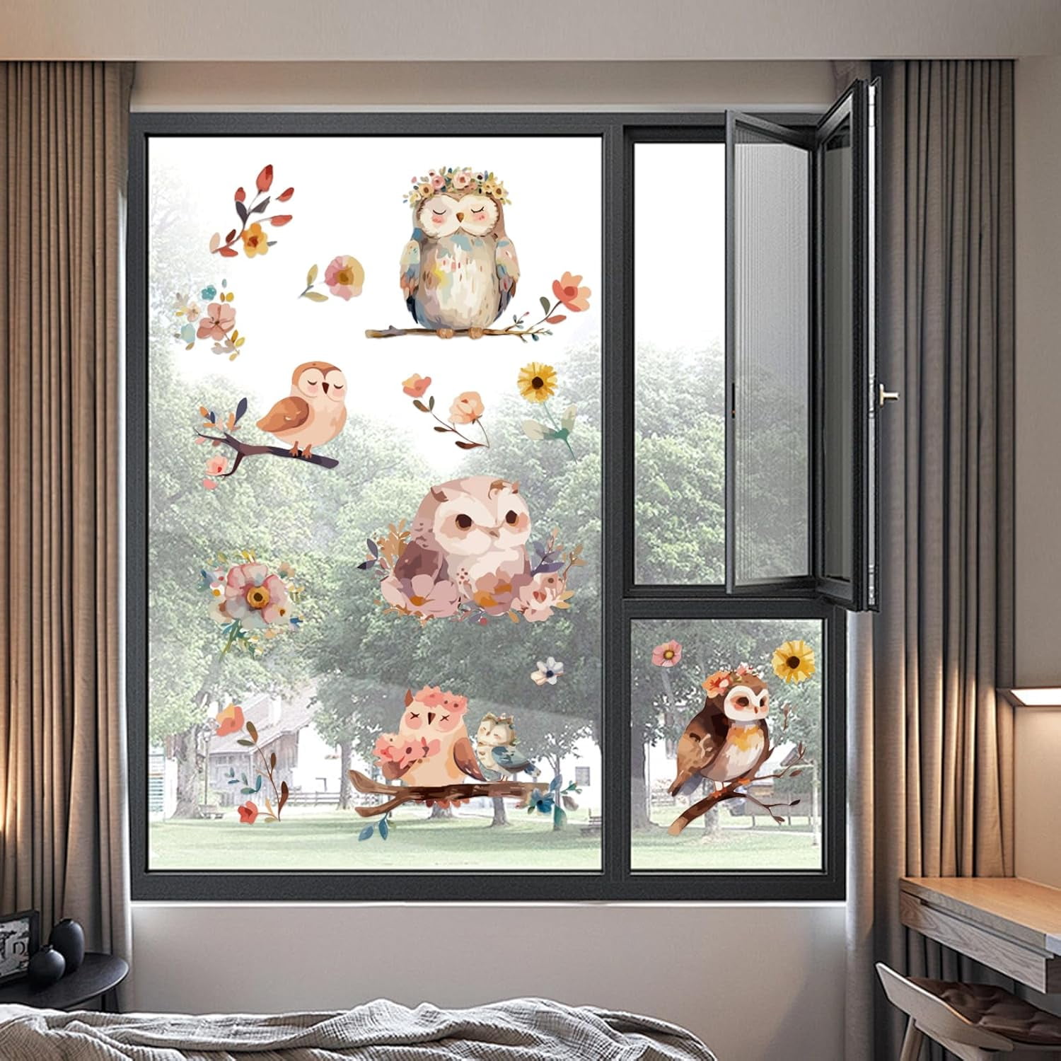 9 Sheets Cute Owl Window Cling Sticker Watercolor Flowers Window ...
