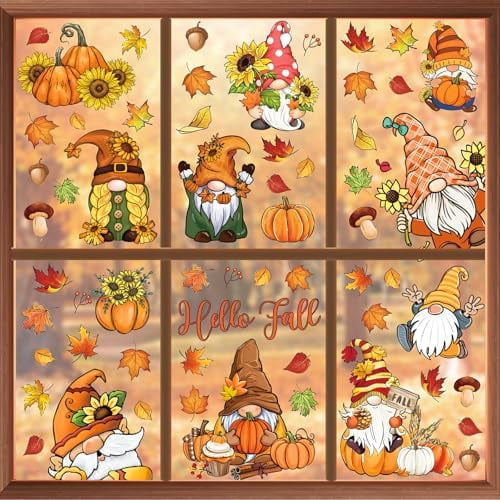 9 Sheets Fall Gnome Window Cling Vintage Autumn Leaves Pumpkin Reusable ...