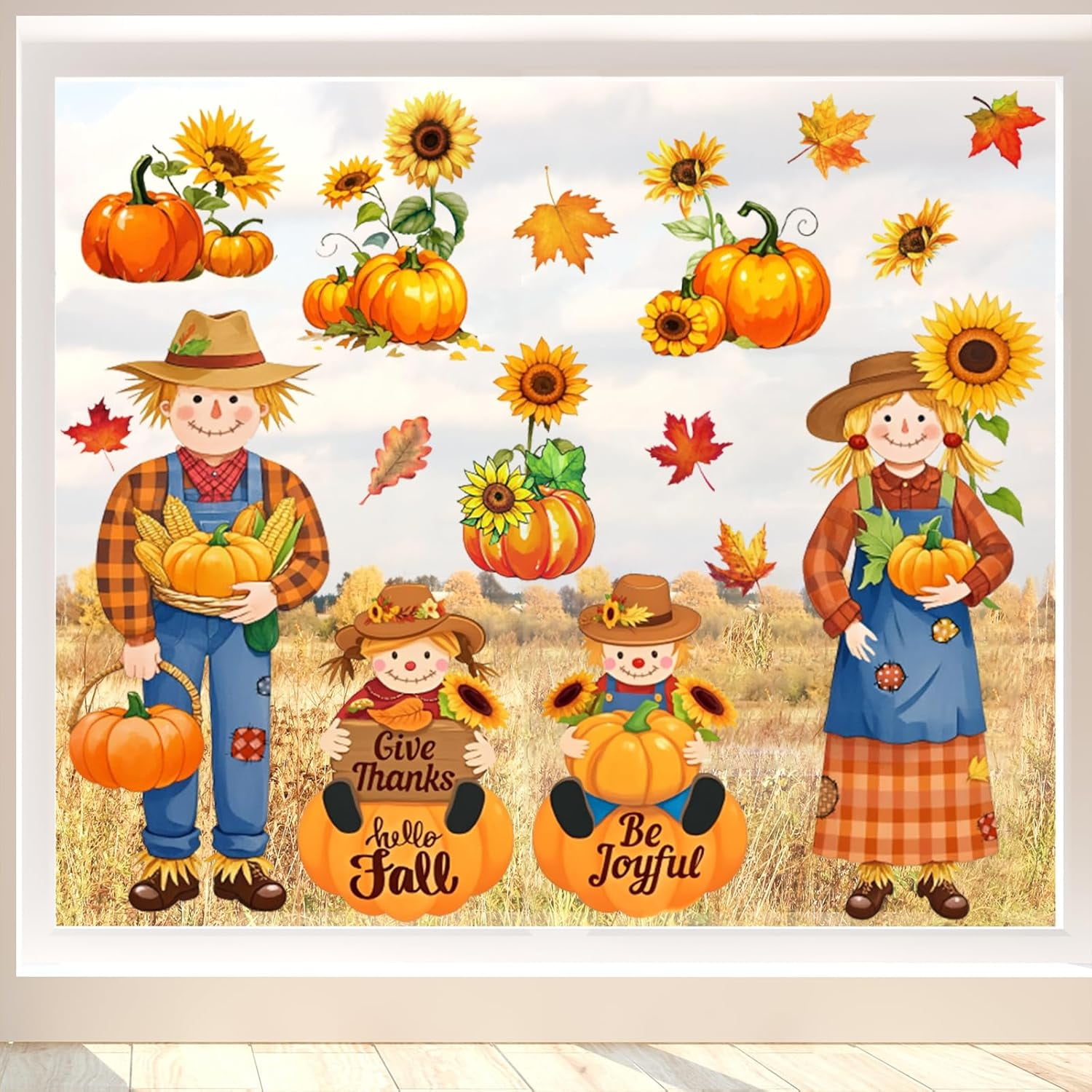 9 Sheets Fall Scarecrow Window Clings Thanksgiving Pumpkin Window ...