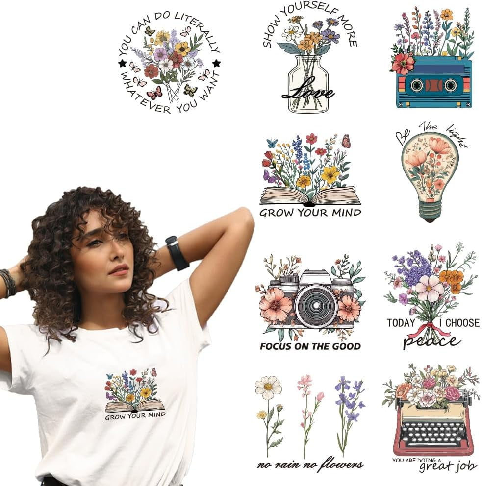 9 Sheets Floral Iron on Decals Patches Flowers Motivational Phrases Iron on Stickers Heat ...