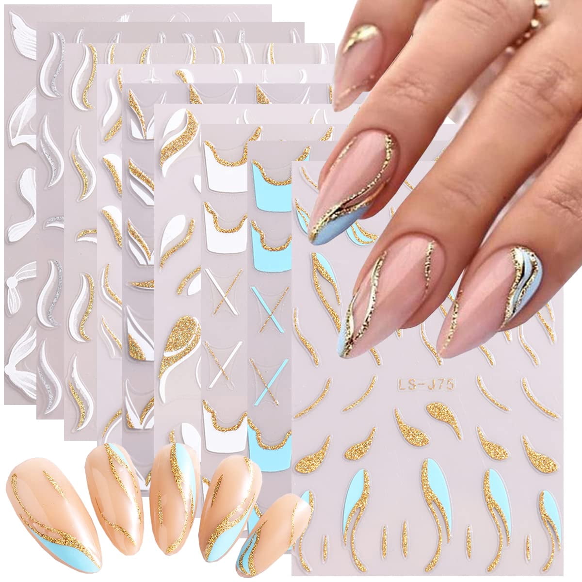 9 Sheets French Shining TMA2 Line Nail Art Stickers Wavy Stripe Nail ...