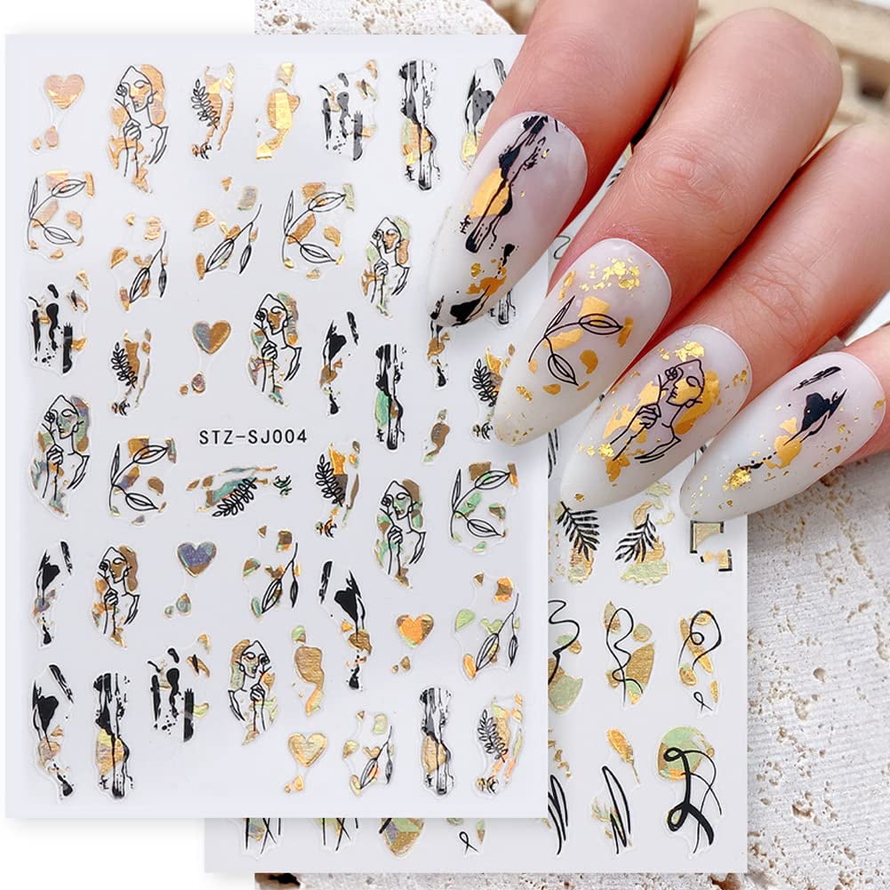 9 Sheets Gold Nail TMA2 Art Stickers,Abstract Line Geometry Decals 3D ...
