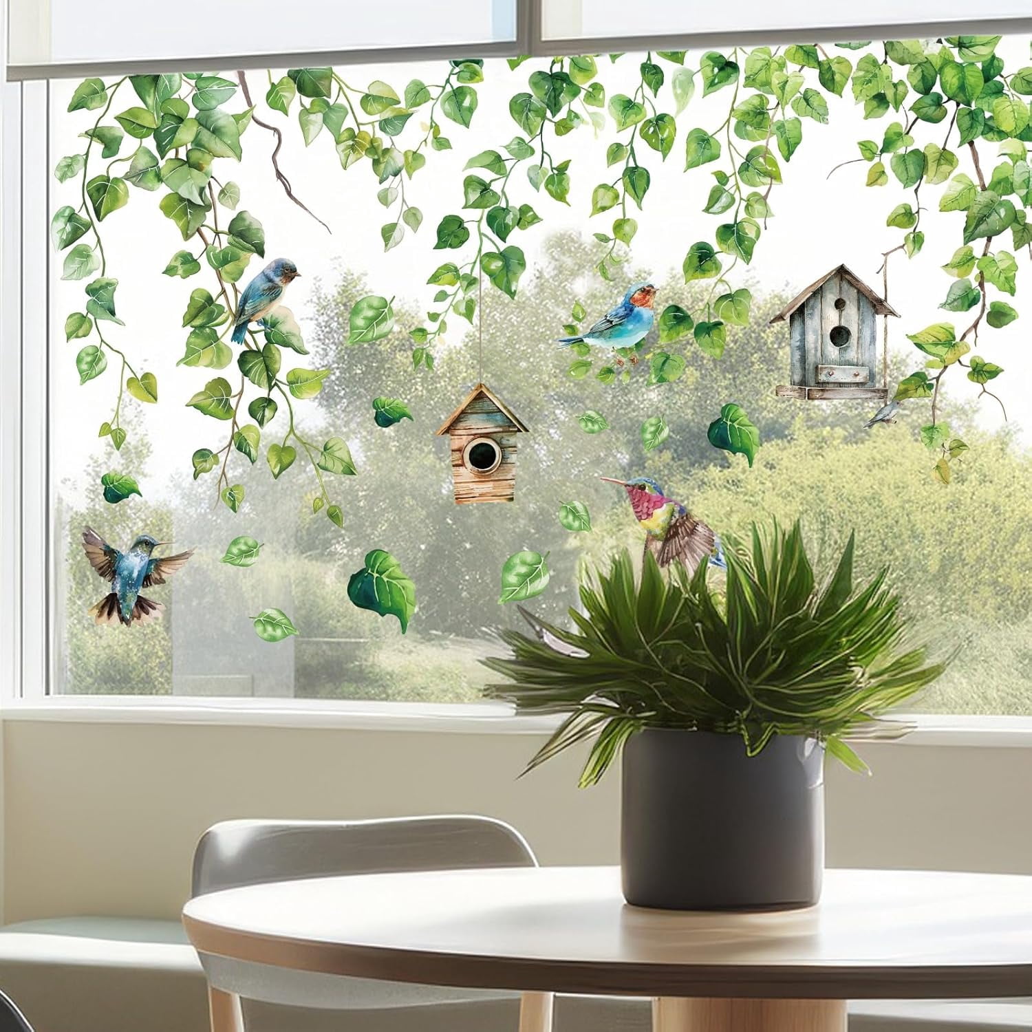 9 Sheets Hanging Green Vine Window Clings Birds Flower Cage Window ...