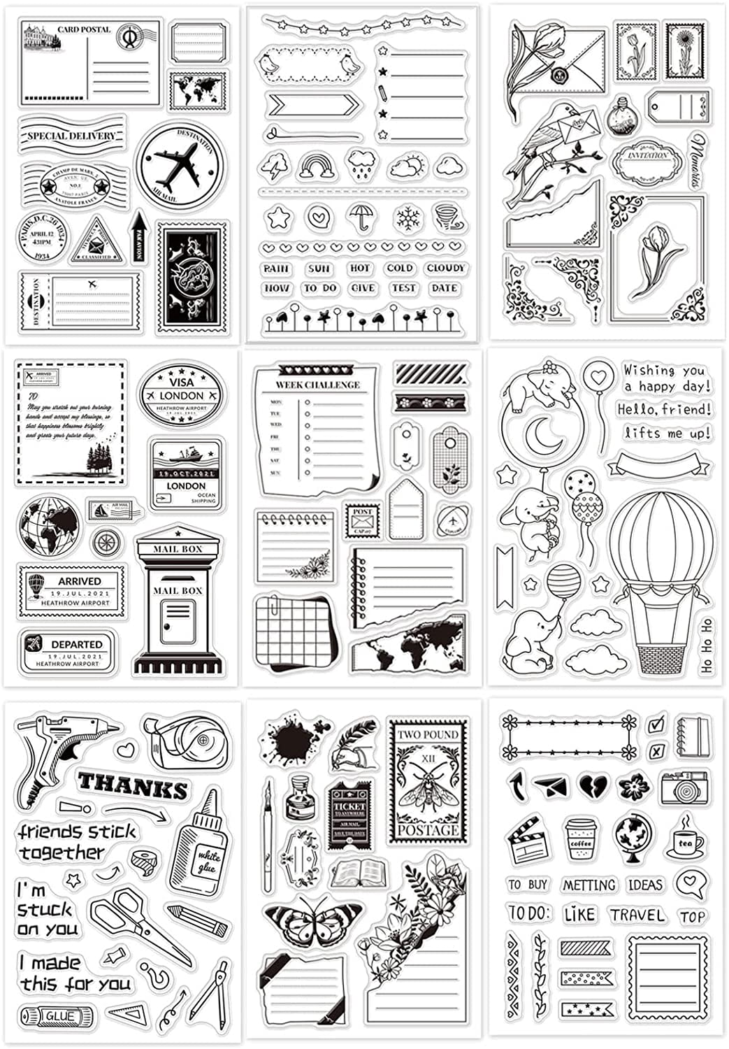 9 Sheets Mixed Theme Silicone Clear Stamps Seal for Card Making Decor ...