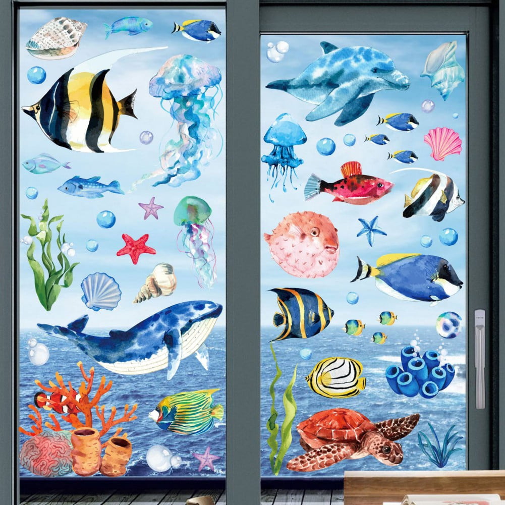 9 Sheets Ocean Themed Window Clings Stickers Cartoon Sea Life Under The ...