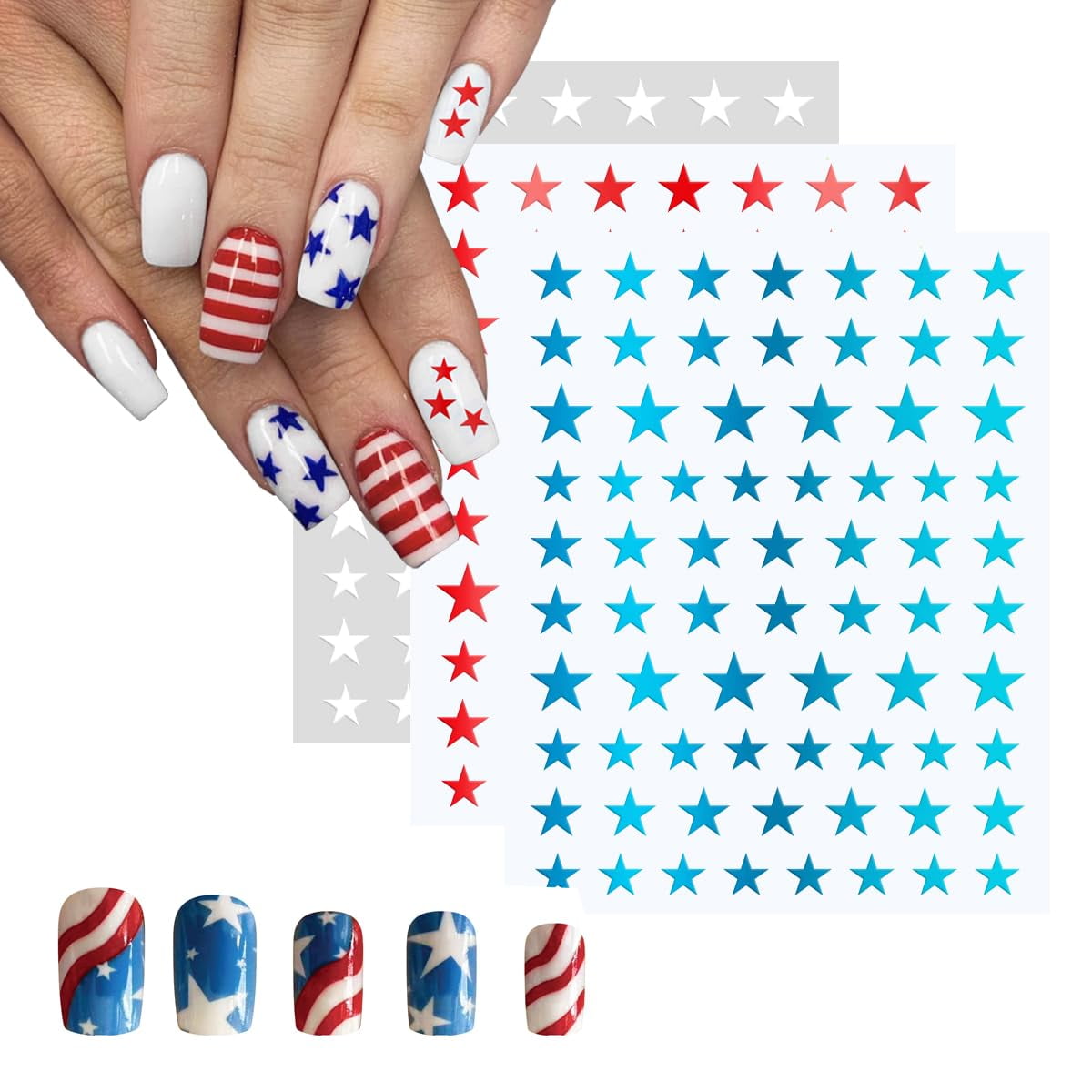 9 Sheets Red Blue White Star Nail Stickers 3D Self Adhesive Glitter ...