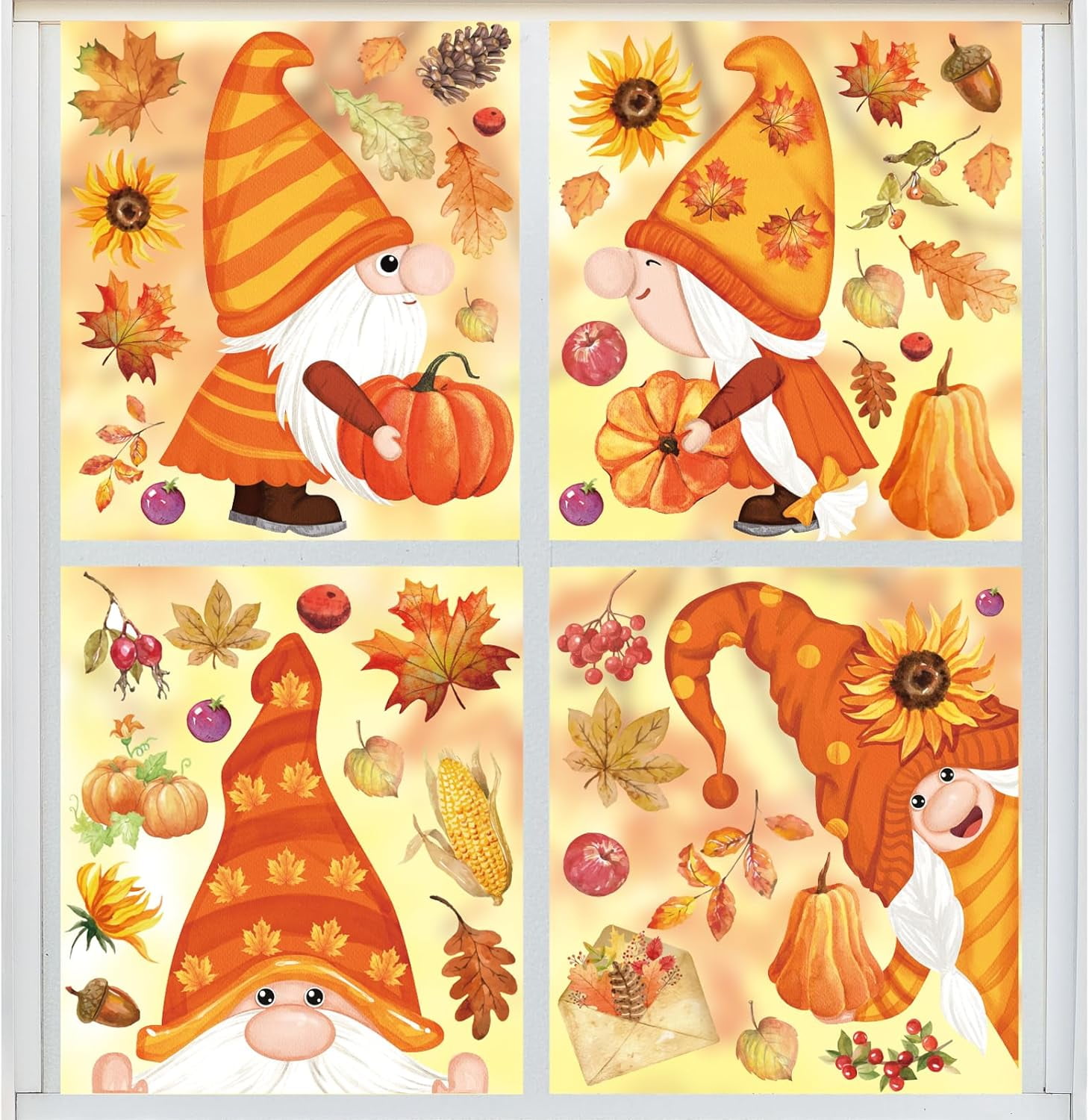 9 Sheets Spring Gnome Flower Window Clings Watercolor Floral Butterfly ...