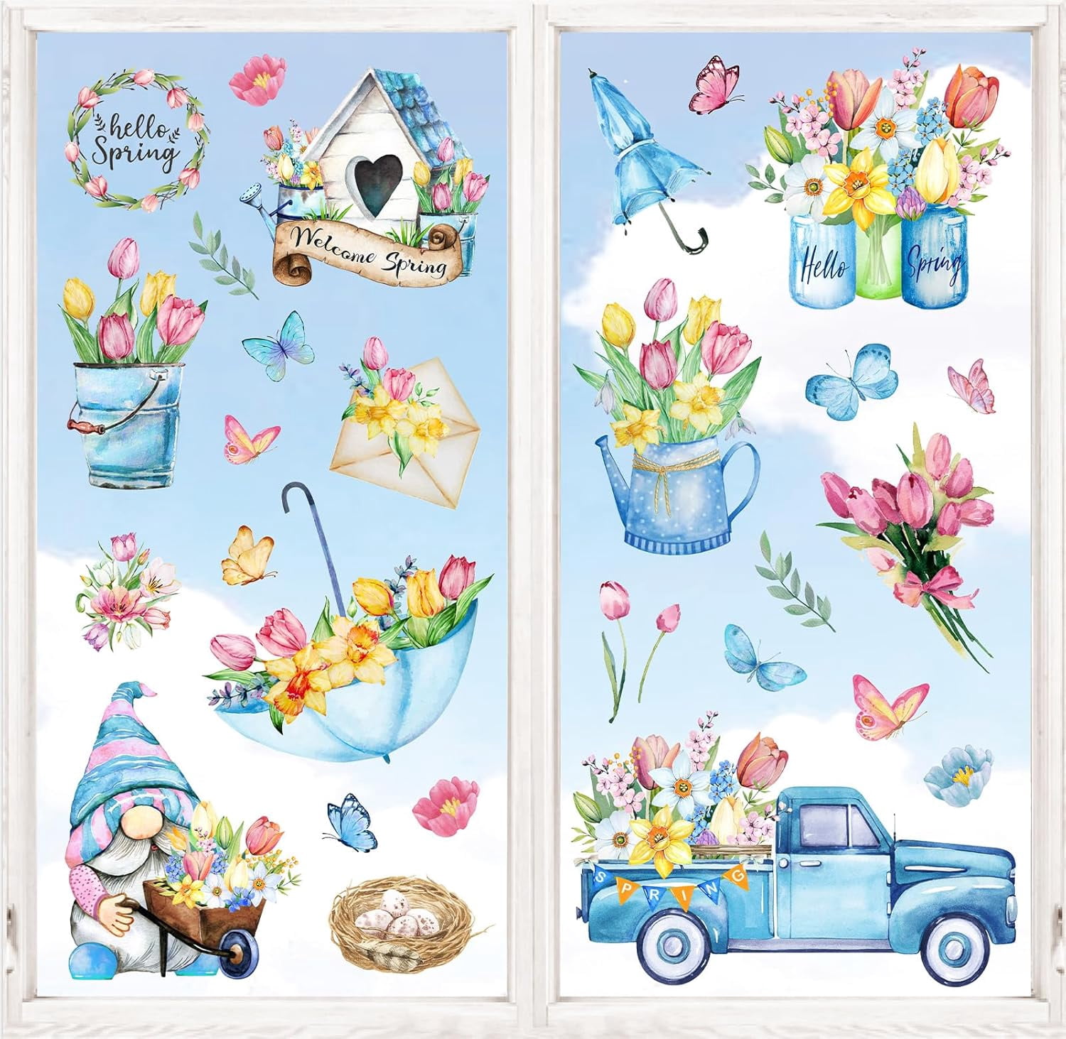 9 Sheets Spring Summer Tulip Window Clings Blue Gnome Flower Umbrella ...