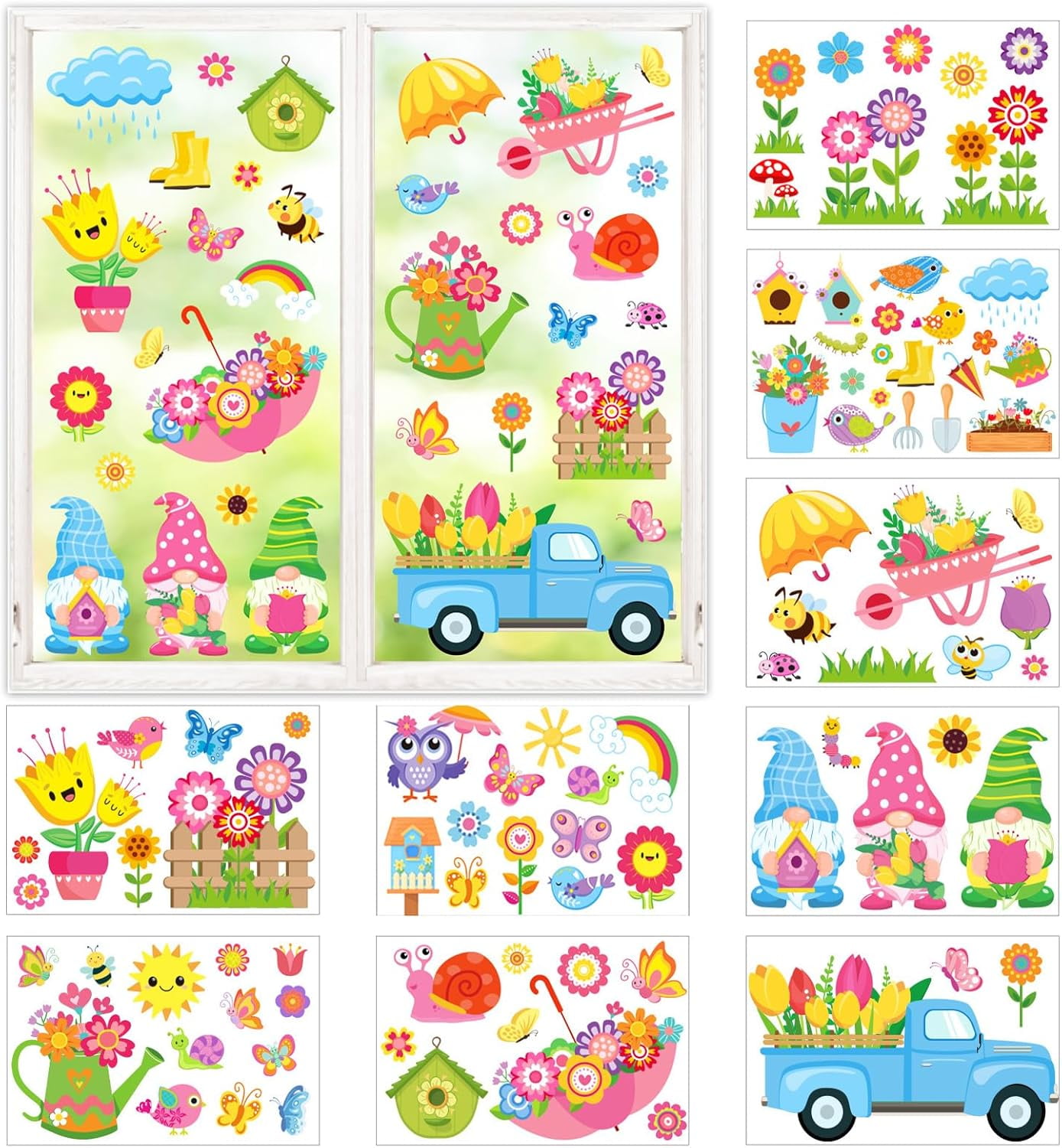 9 Sheets Spring Summer Wildflower Window Clings Floral Butterfly Window ...