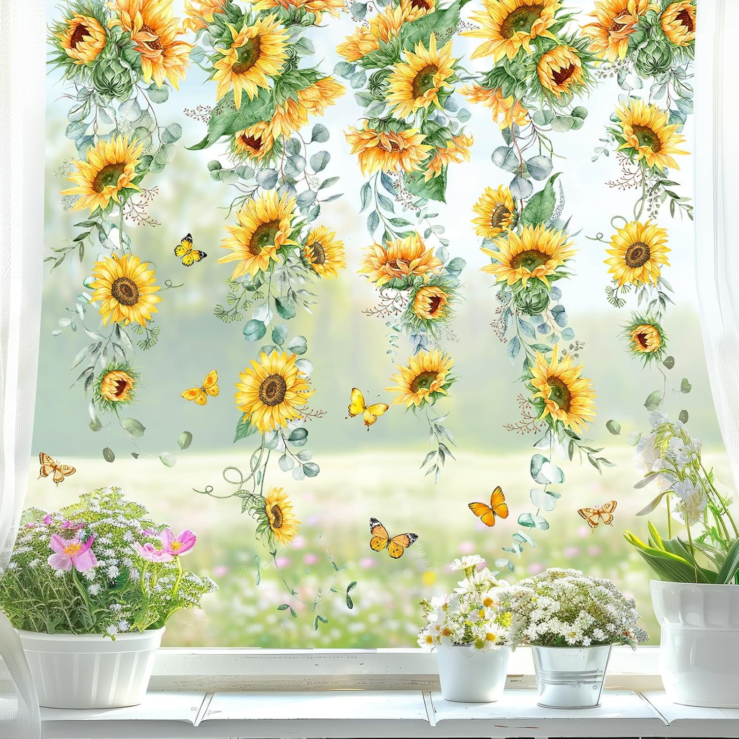 9 Sheets Summer Flowers Window Clings Eucalyptus Flower Window Stickers ...