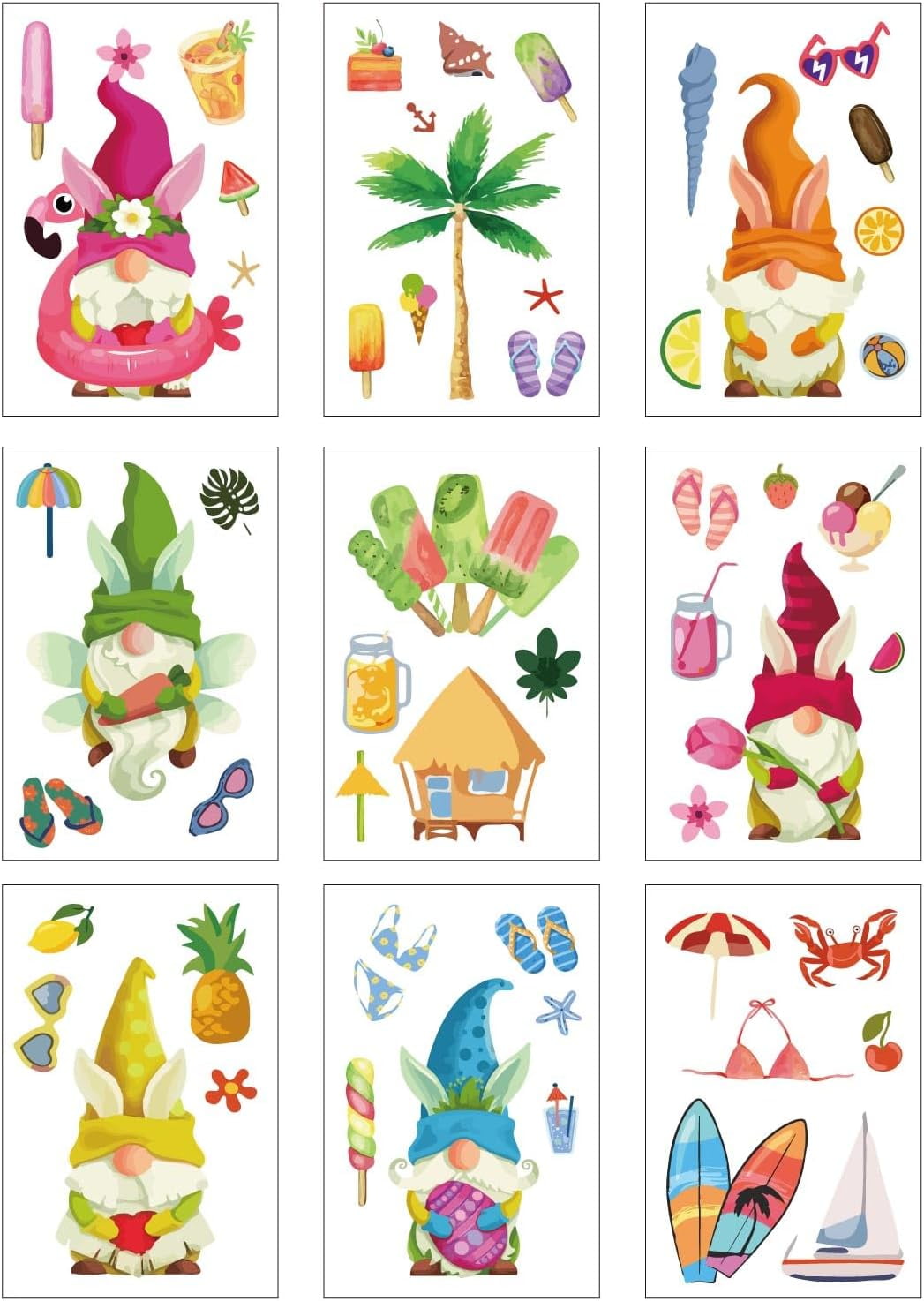 9 Sheets Summer Gnome Window Clings Hawaii Window Stickers Decals Ice ...