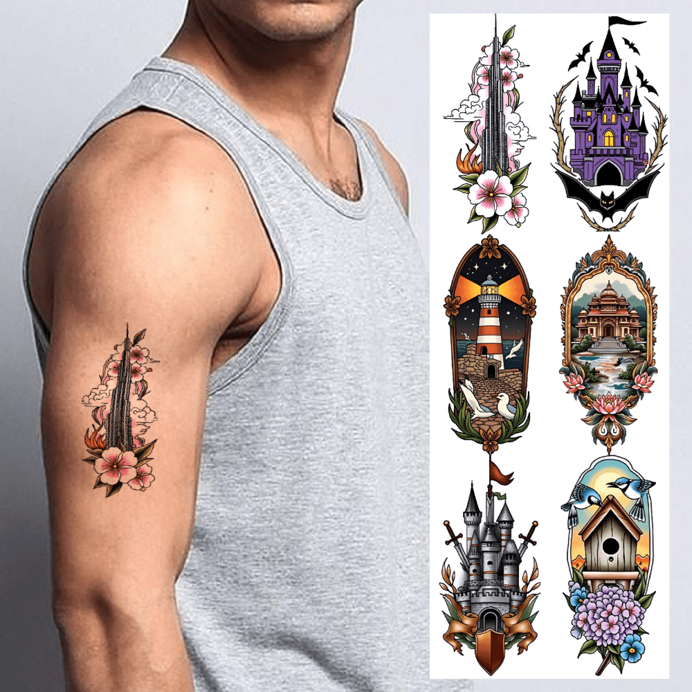 9 Sheets Temporary Tattoos Waterproof Long Lasting Body Stickers Castle ...