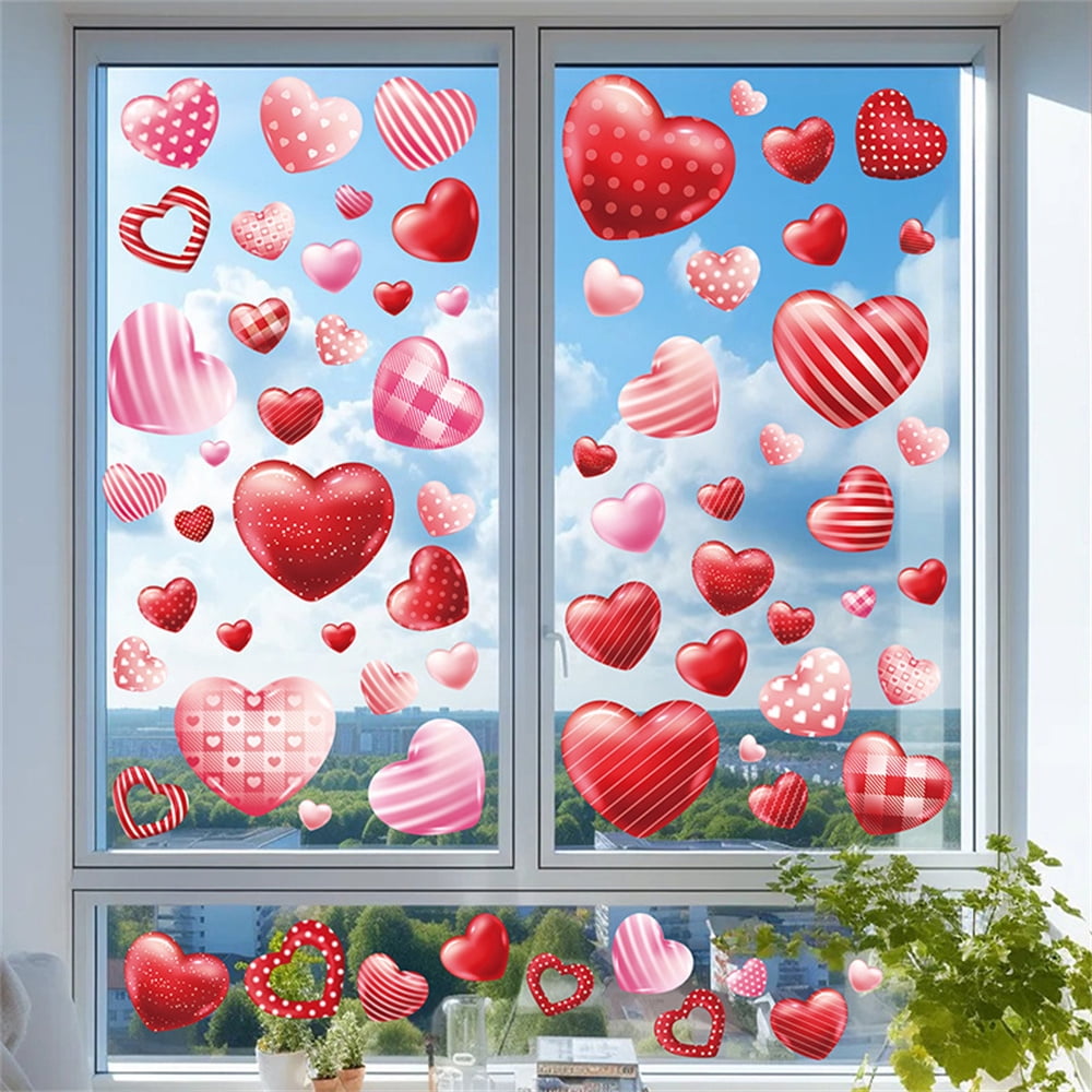 9 Sheets Valentines Day Window Clings Valentines Day Watercolor Heart ...