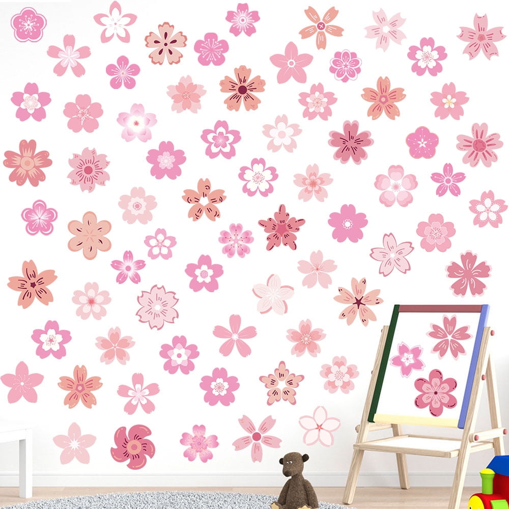 9 Sheets Wall Decals Pink Flowers Stickers Floral Theme Decorative Peel ...