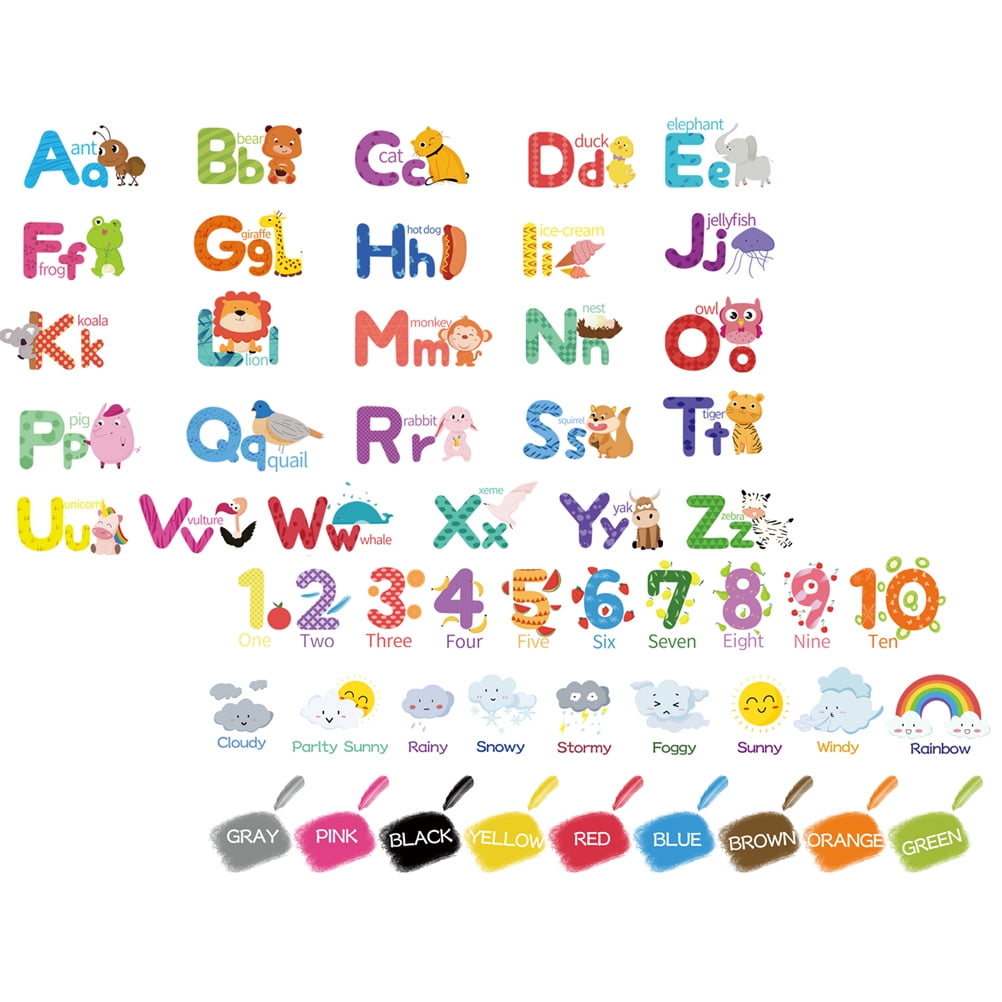 9 Sheets Wall Stickers Alphabet Number Color Weather Learning ...