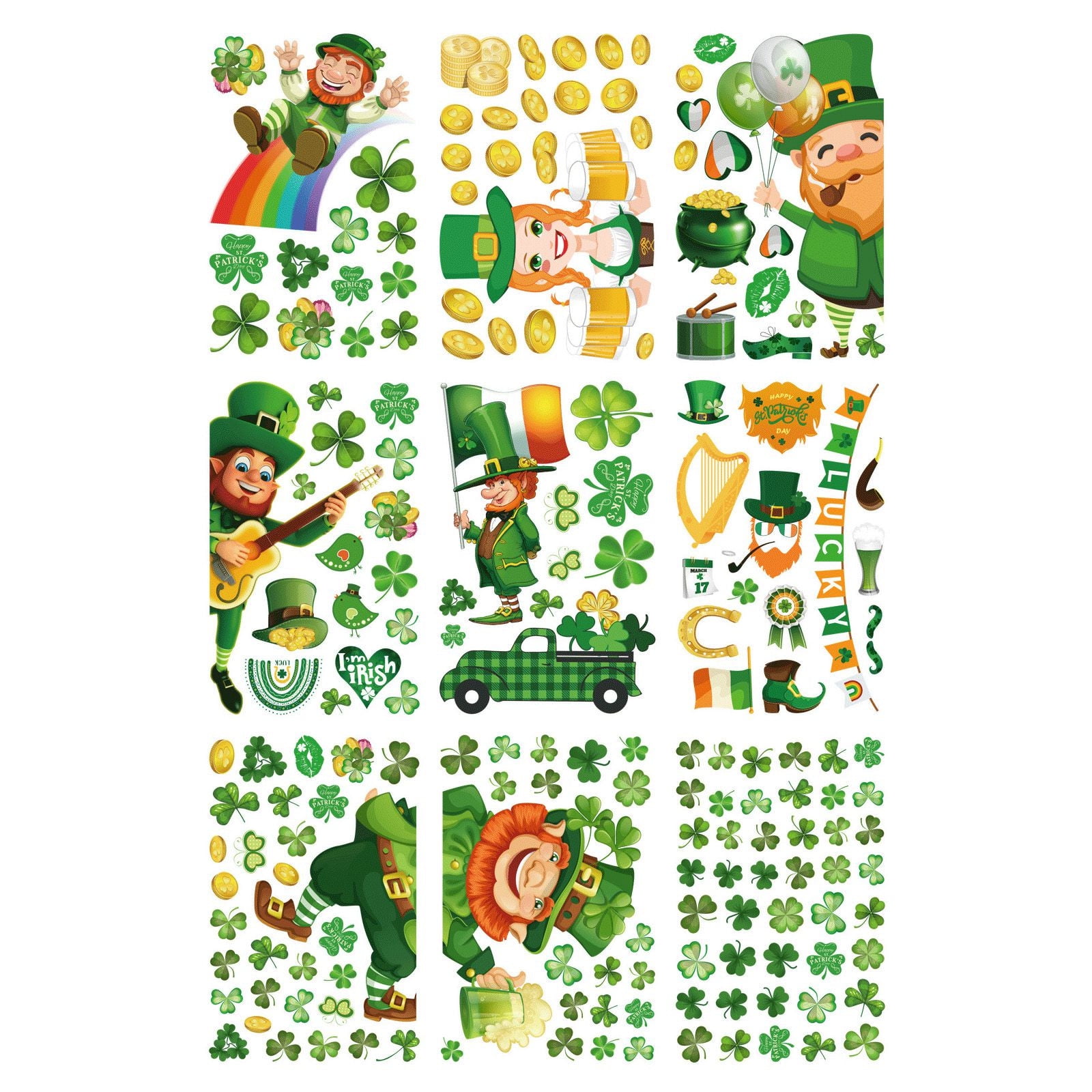 9 Sheets of St Patrick's Day Window Cling Stickers Lucky Shamrock ...