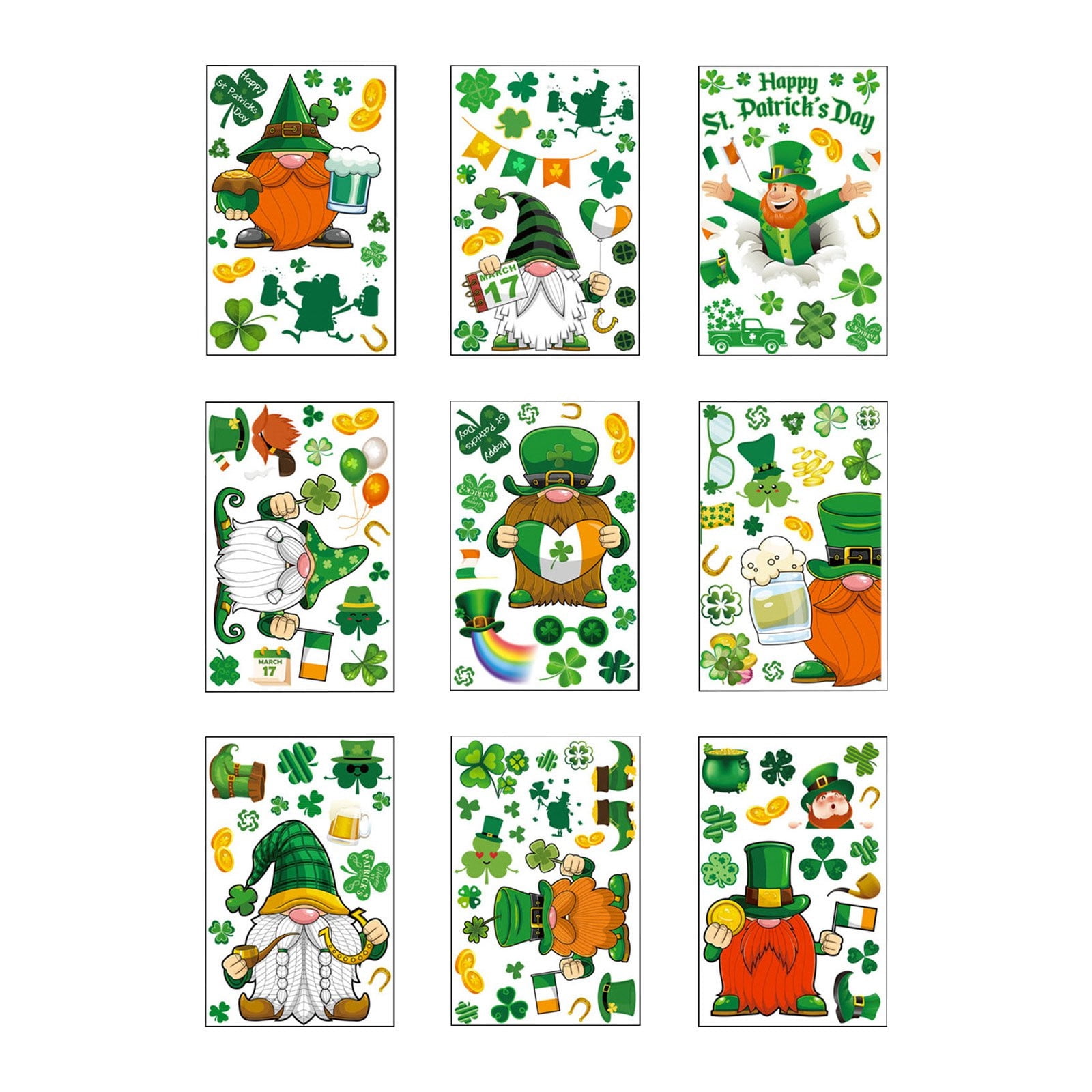 9 Sheets of St Patrick's Day Window Cling Stickers Lucky Shamrock ...