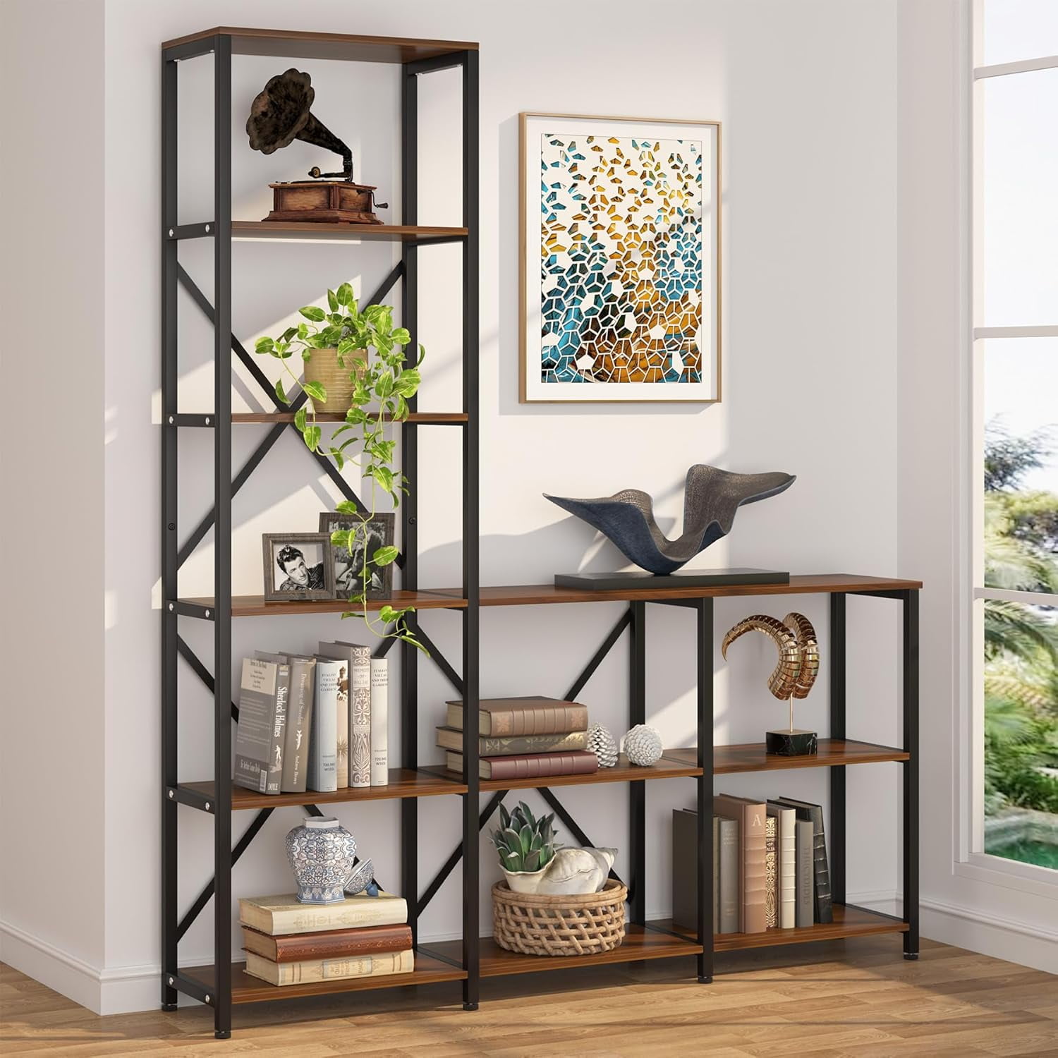 9 Shelves Bookshelves, Industrial Ladder Corner Etagere Bookcase ...