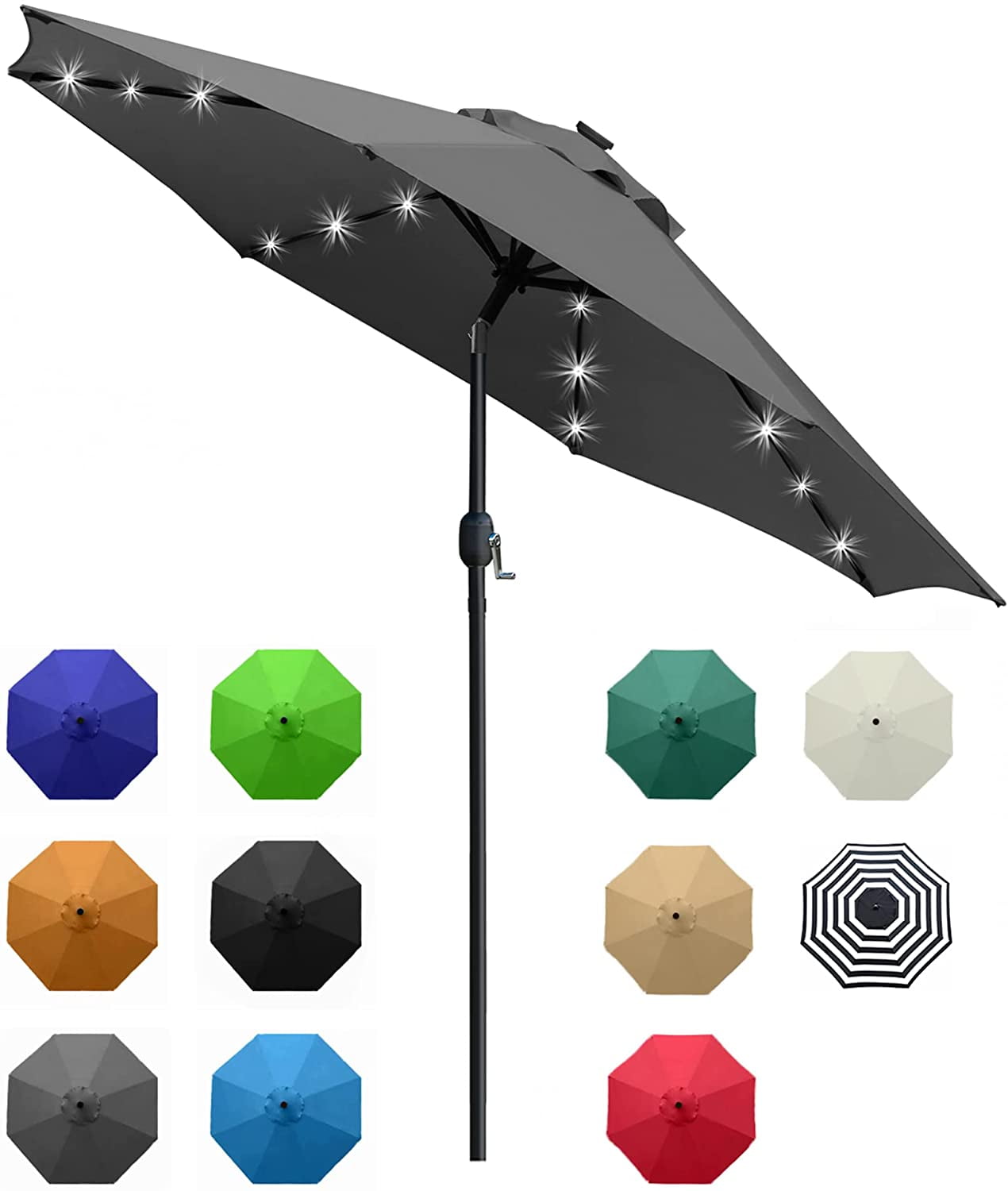 9' Solar LED Lighted Umbrella with 8 Ribs Adjustment and Crank Lift ...