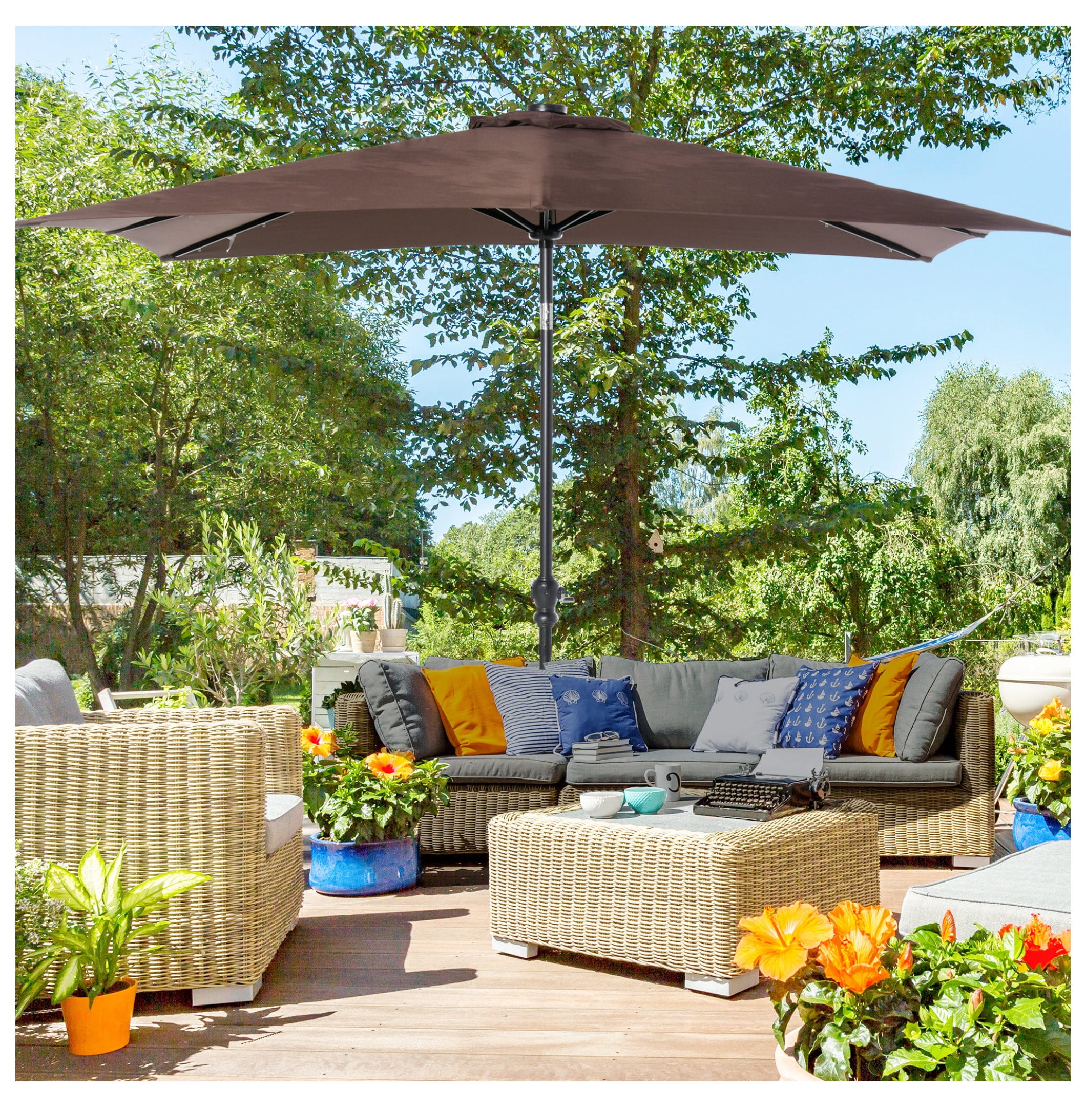 9' Solar Patio Umbrella LED Lighted, Tilt & Crank Outdoor Umbrella for ...