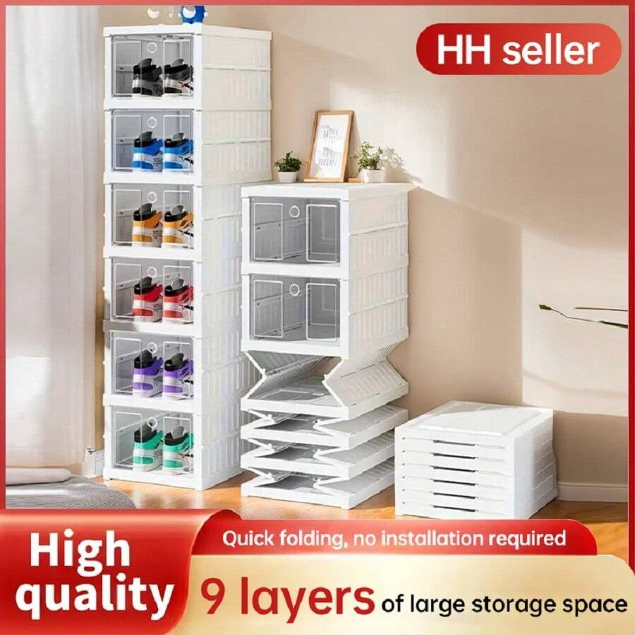 9 Stackable Folding Shoe Boxes With Doors - Dust-Proof Plastic Sneaker ...
