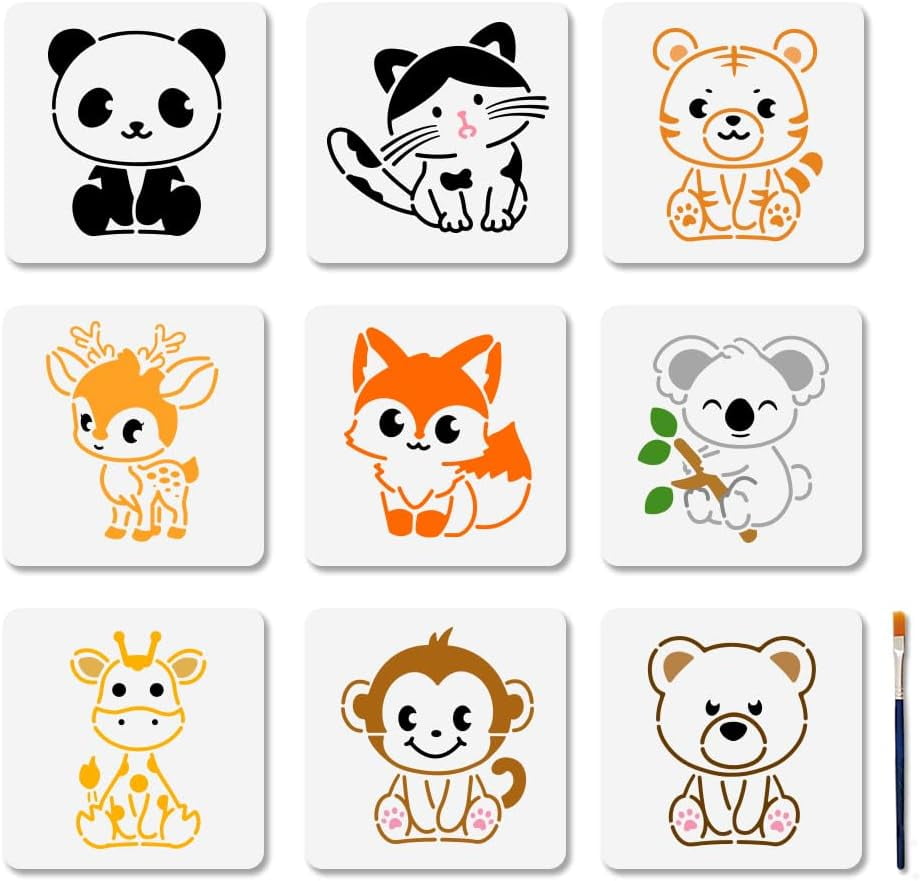 9 Styles Cartoon Animal Stencils 7.8x7.8inch Cute Panda Fox Bear Koala ...