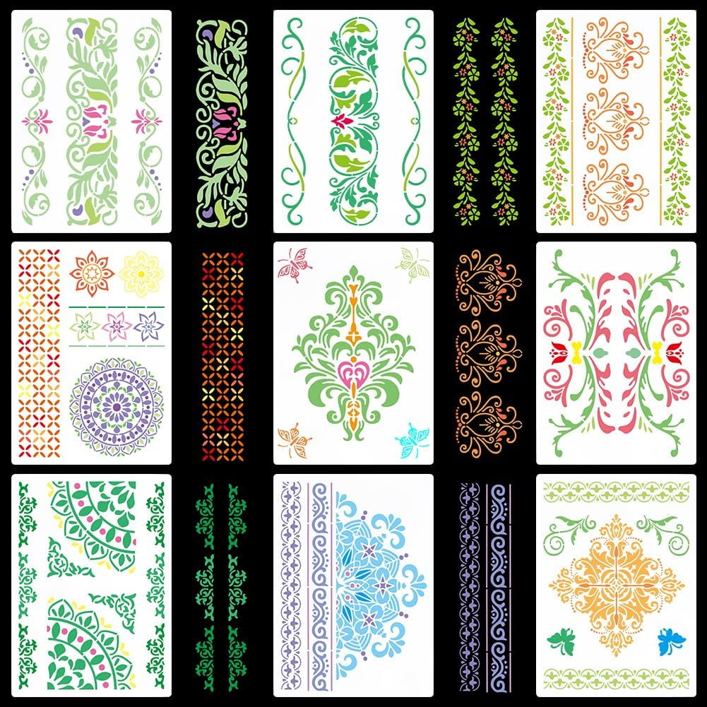 9 Styles Mandala Border Stencils 28x21cm Flower Vine Stencil Floral ...