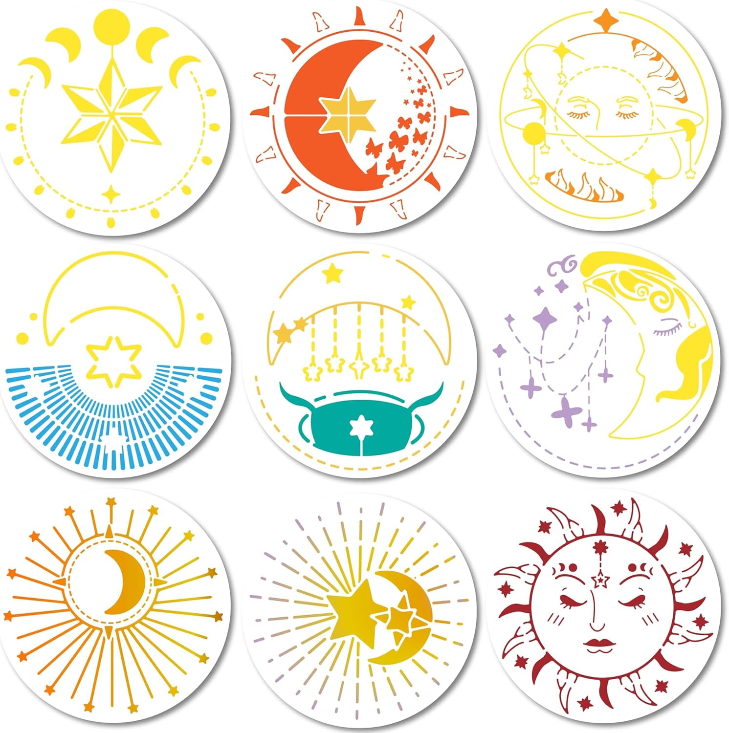9 Styles Tarot Theme Stencil 11.8inch Reusable Sun Moon Phase Star ...