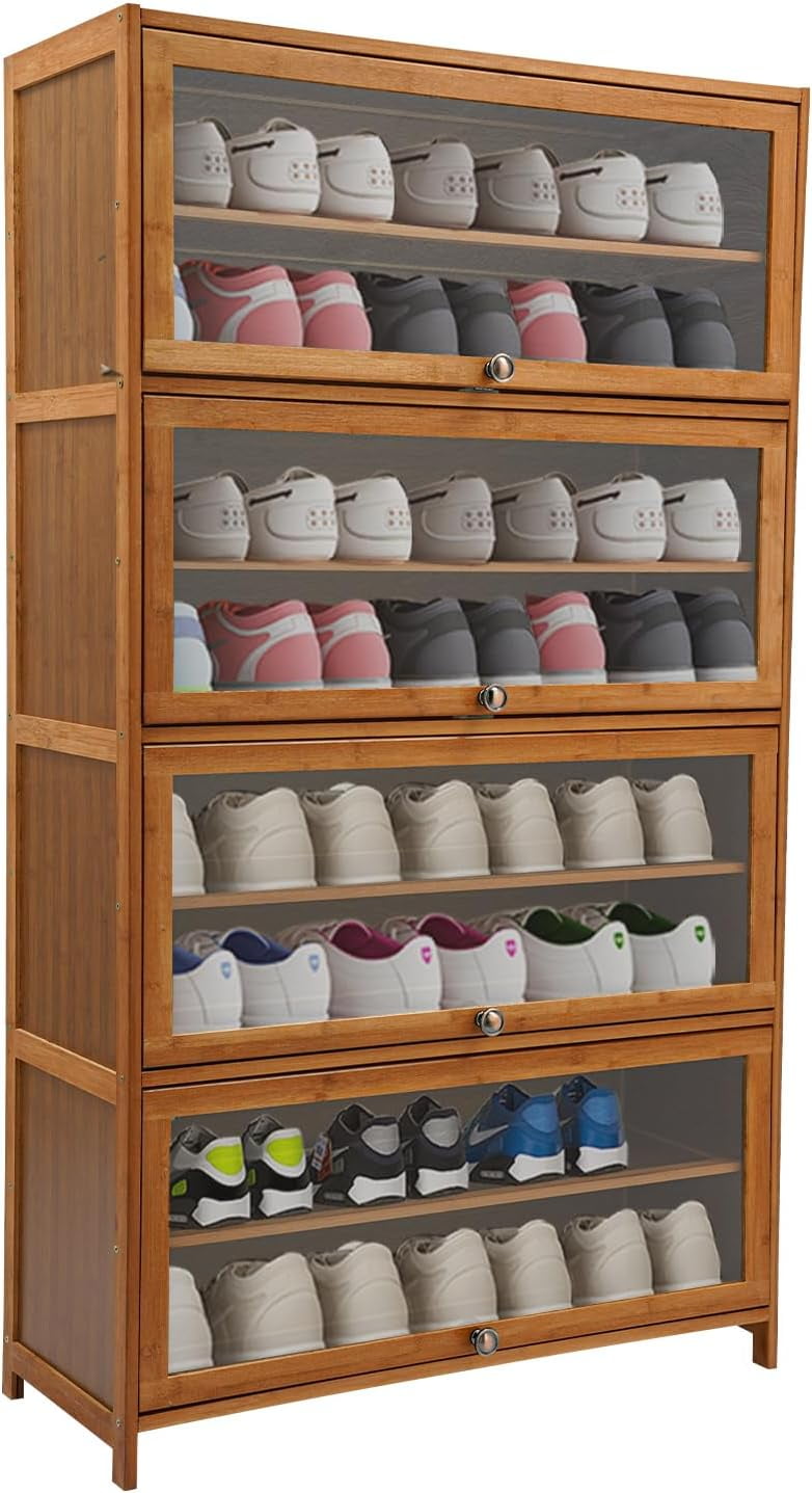 9-Tier Bamboo Shoe Organizer Cabinet with Clear Doors,Closet Cabinet ...