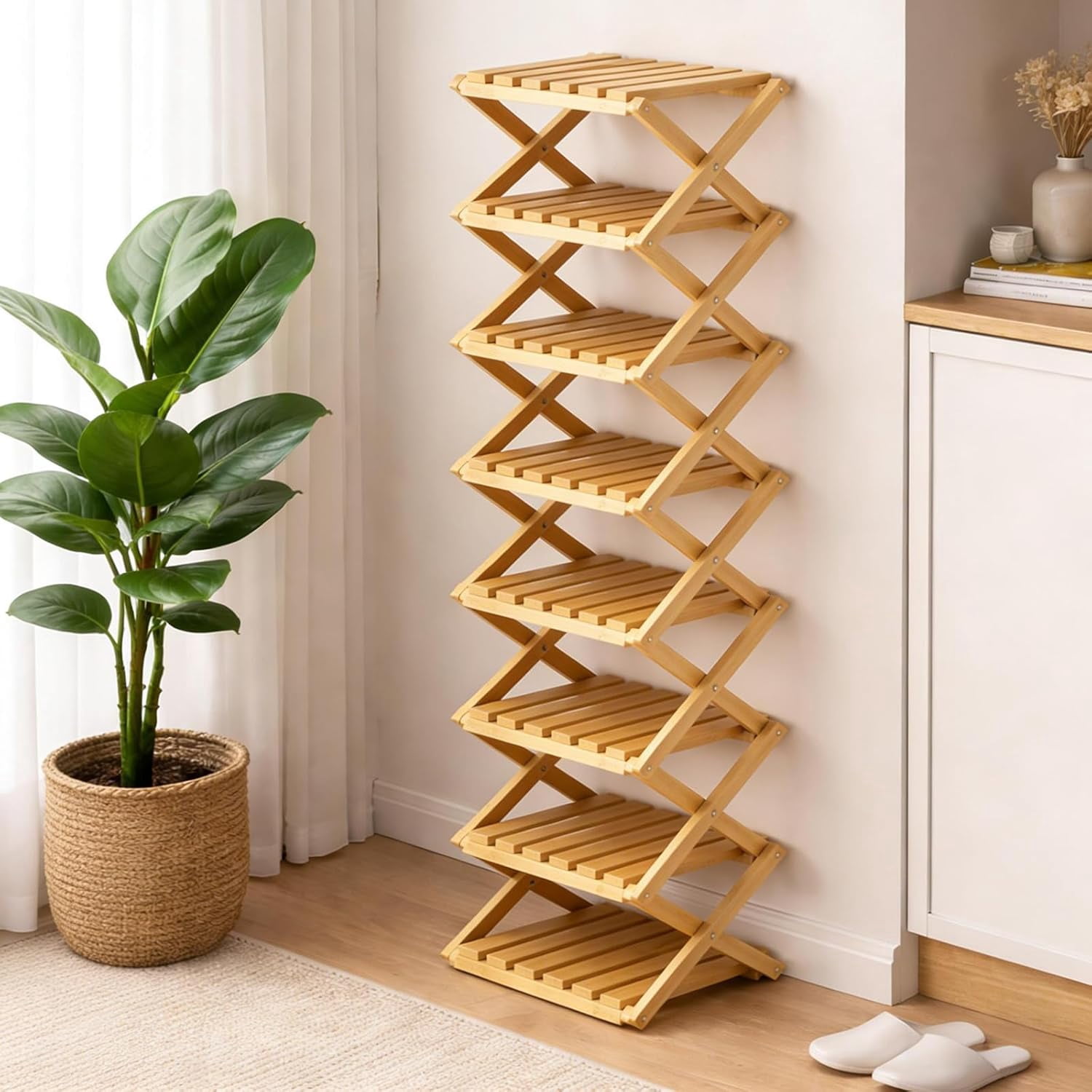 9 Tier Bamboo Shoe Rack, Foldable Vertical Shoe Storage Organizer, Tall ...
