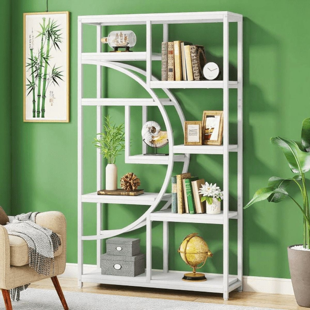 9-Tier Etagere Bookcase, White Metal Frame with White Boards, Half-Moon ...
