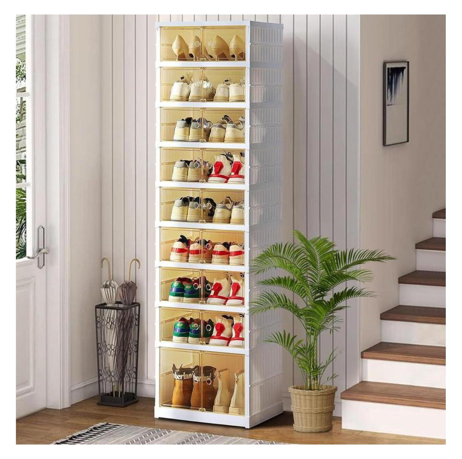 9-Tier Foldable Shoe Rack Box-Clear Plastic Stackable Shoe Cabinet ...