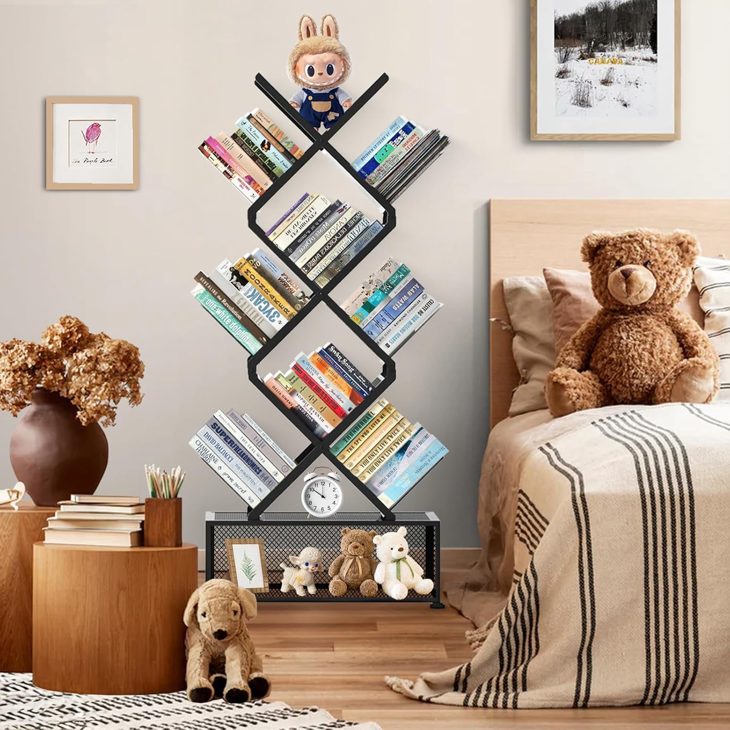 9 Tier Folding Bookshelf with Storage Cabinet, Tall Narrow Book ...