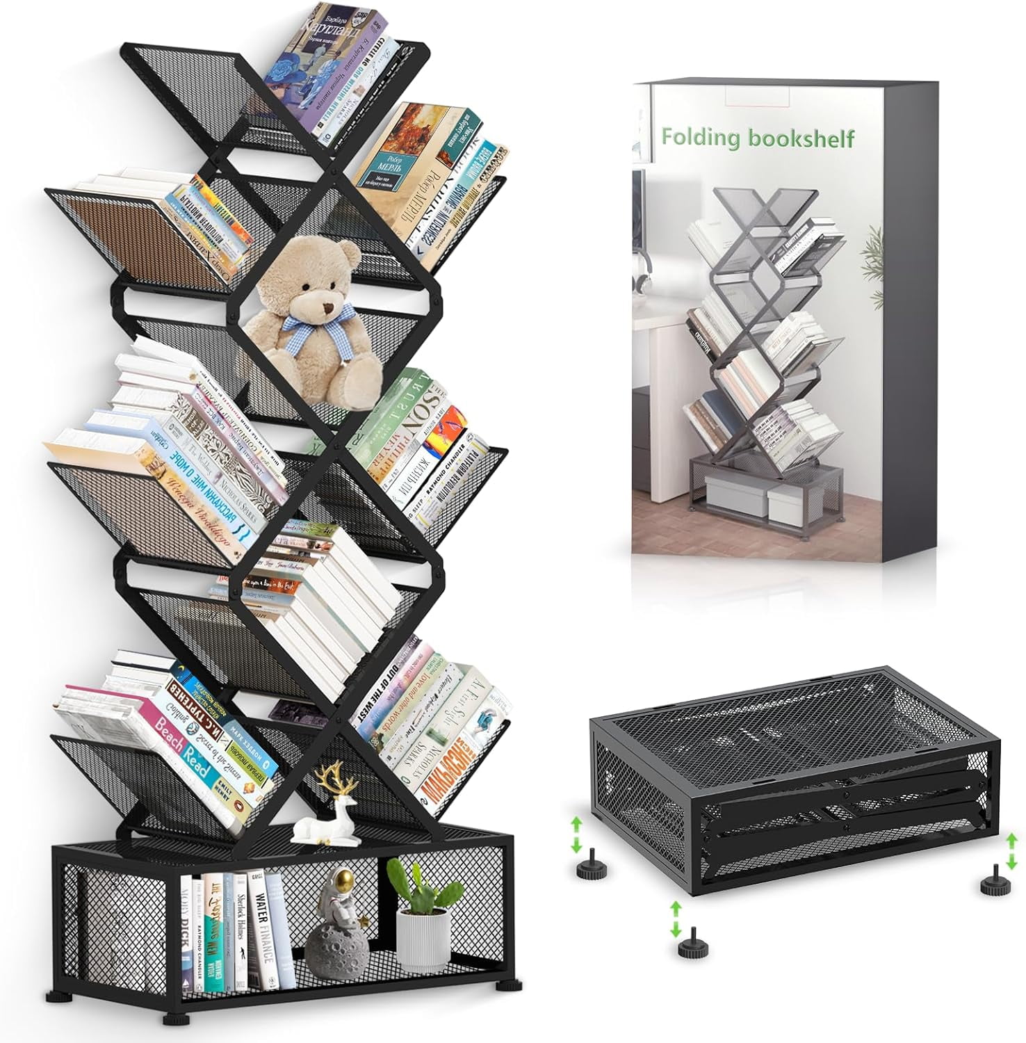 9 Tier Folding Tree Bookshelf, Tall Bookcase with Storage Cabinet ...