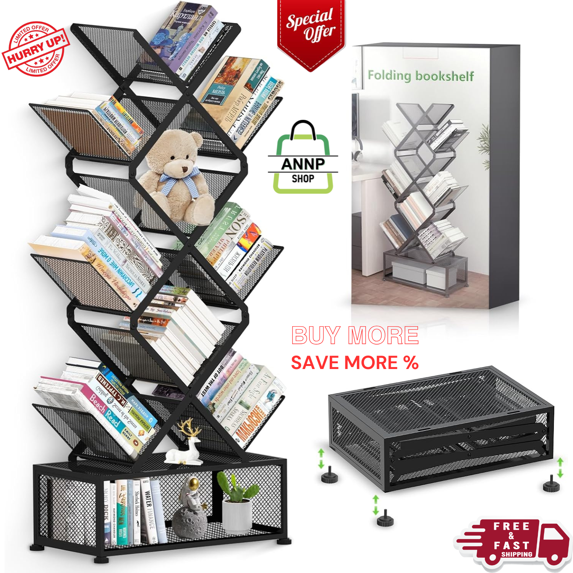 9 Tier Folding Tree Bookshelf, Tall Bookcase with Storage Cabinet ...