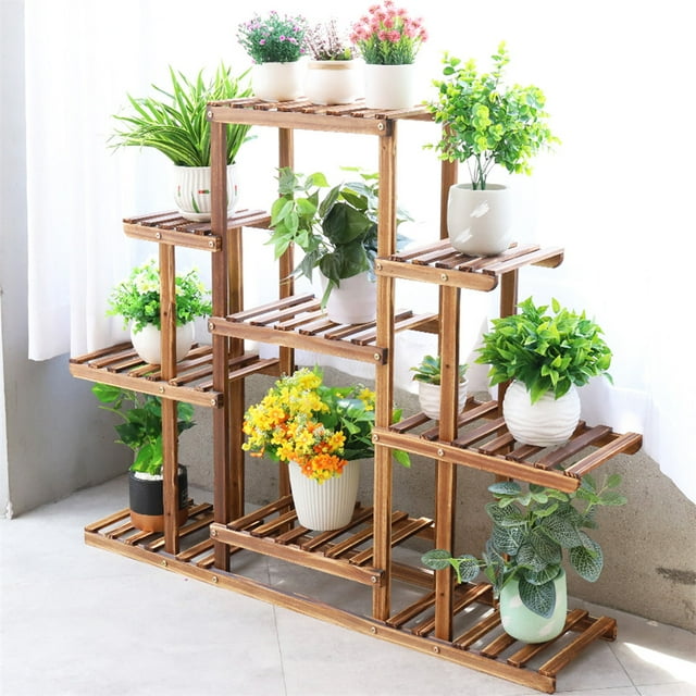 9 Tier Large Carbonized Wood Plant Stand Flower Pot Display Shelf ...
