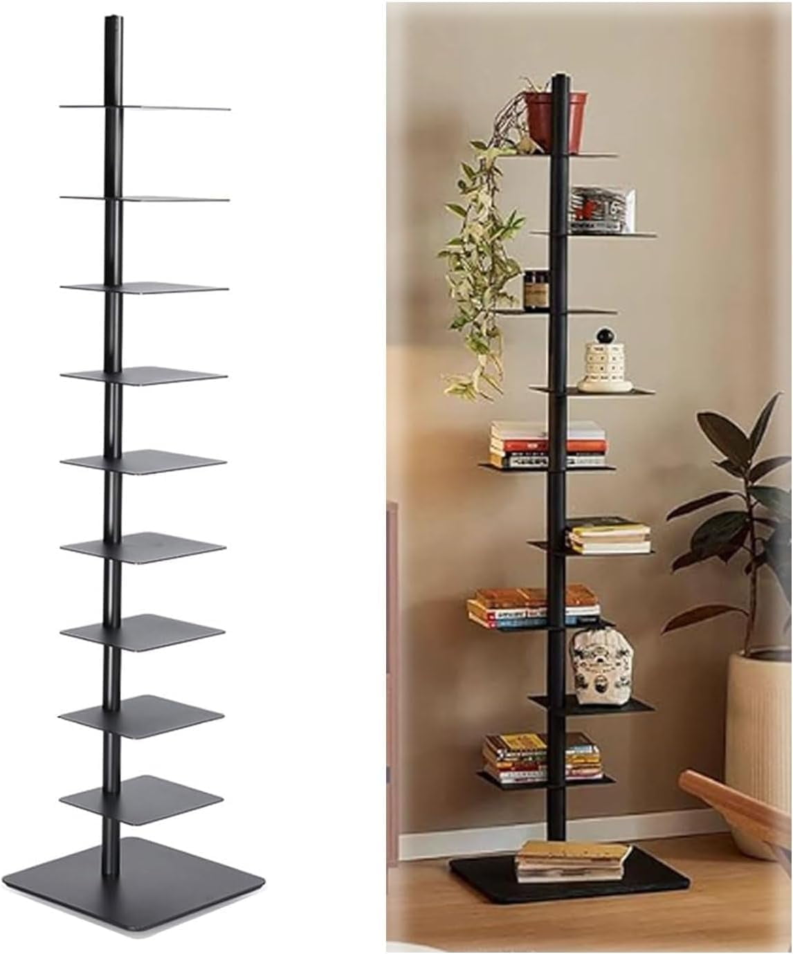 9-Tier Metal Spine Bookshelf, Vertical Bookshelf DIY Spine Book Tower ...
