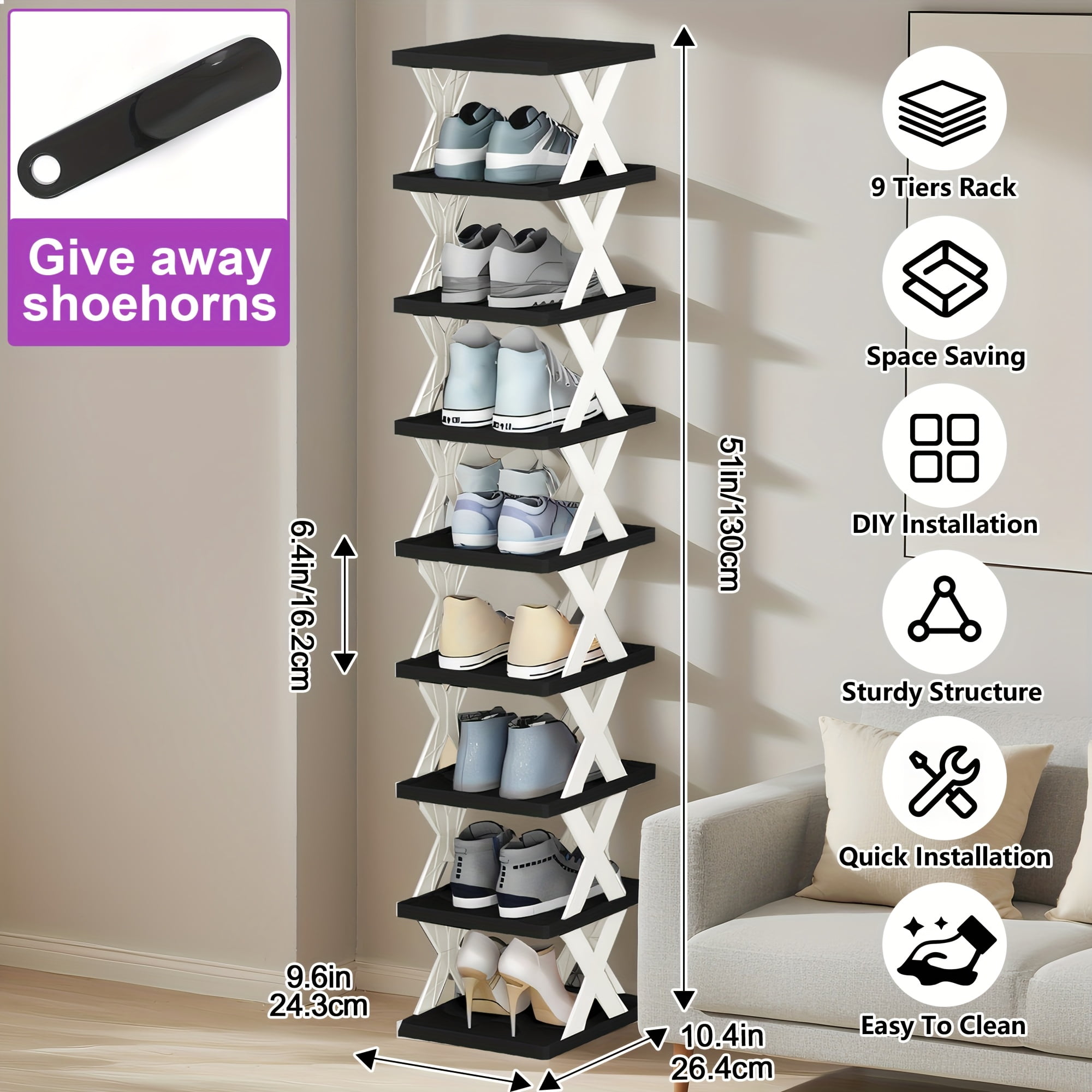 9-Tier Stackable Shoe Rack, Space-Saving Vertical Organizer Holds 9 ...