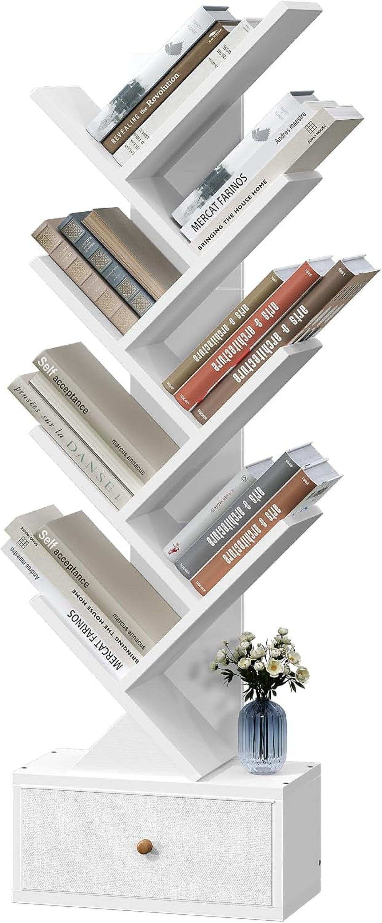 9 Tier Tree Book Shelf with Drawer, Floor Standing Bookshelf Storage ...