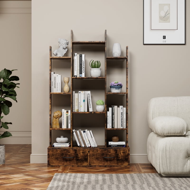 9 Tier Tree Bookshelf with Drawer Bookcase Modern Book Storage Free ...