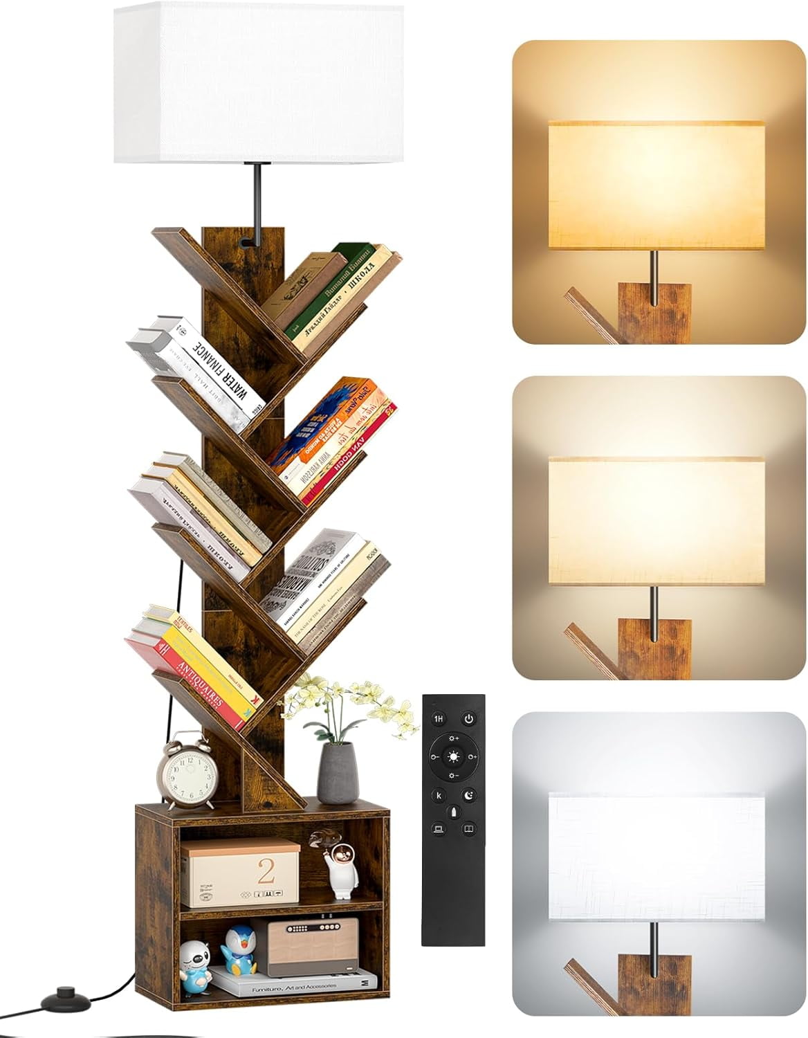 9 Tier Tree Bookshelf with Light, Remote, Timer & Cabinet, Dimmable ...