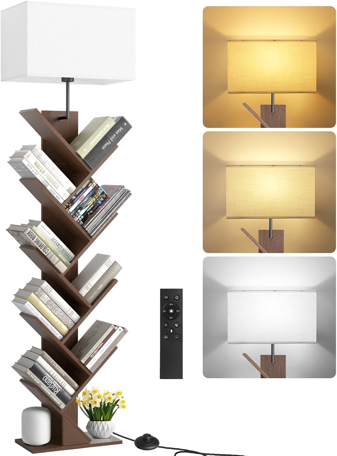 9 Tier Tree Bookshelf with Light, Remote & Timer, Dimmable Tall Floor ...