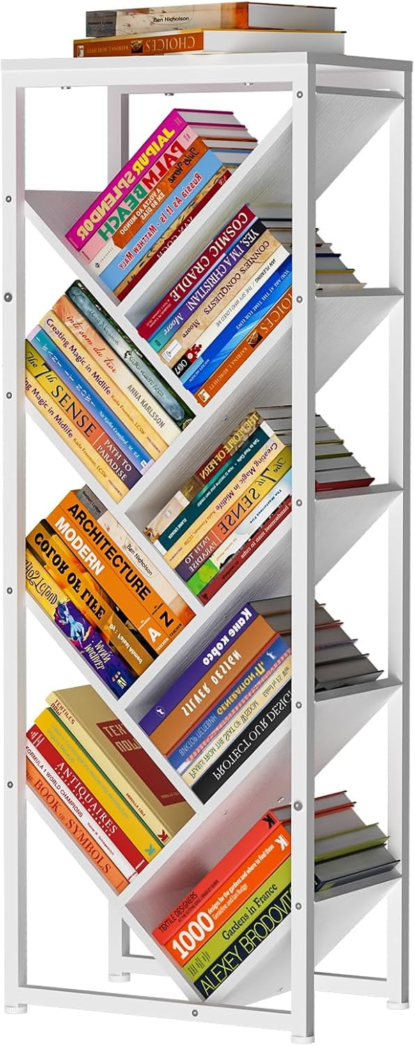 9 Tier Tree Bookshelf - White Book Shelf Floor Standing Modern Bookcase ...
