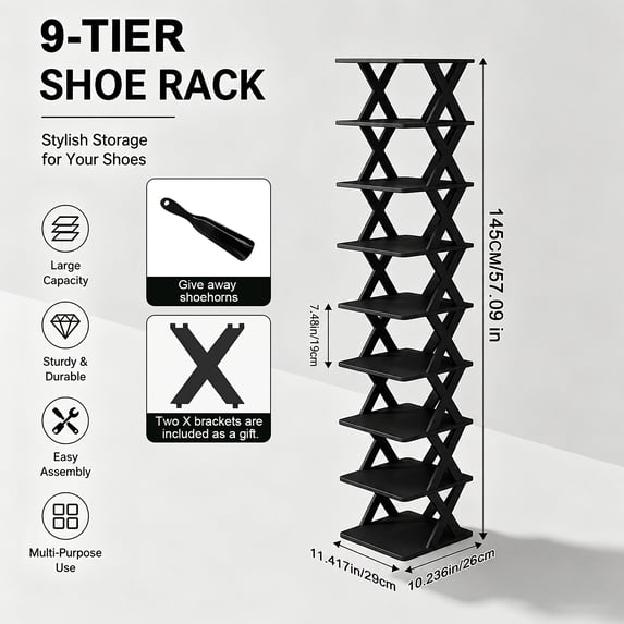 9-Tier Vertical Foldable Shoe Rack X-Shaped Support, Space-Saving ...