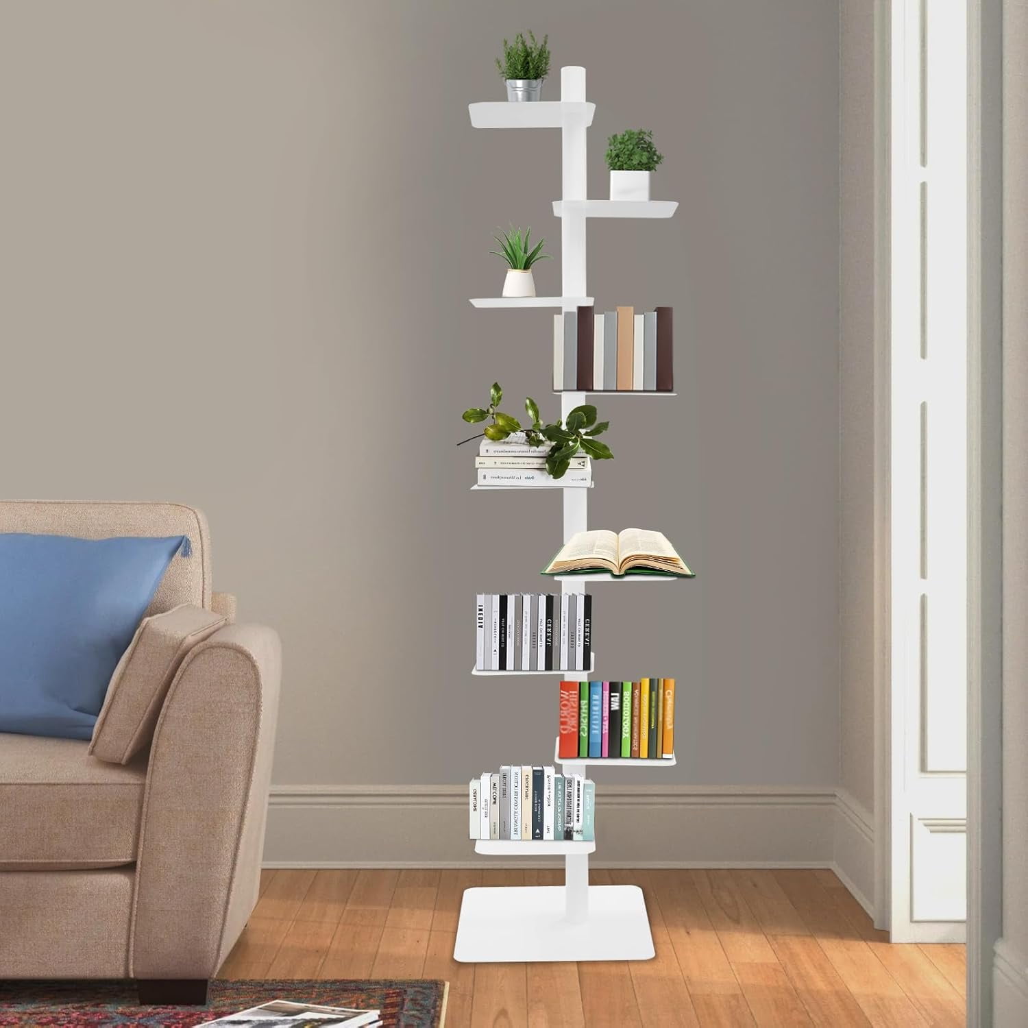9-Tier White Adjustable Vertical Spine Bookcase, Rotating Tree Book ...