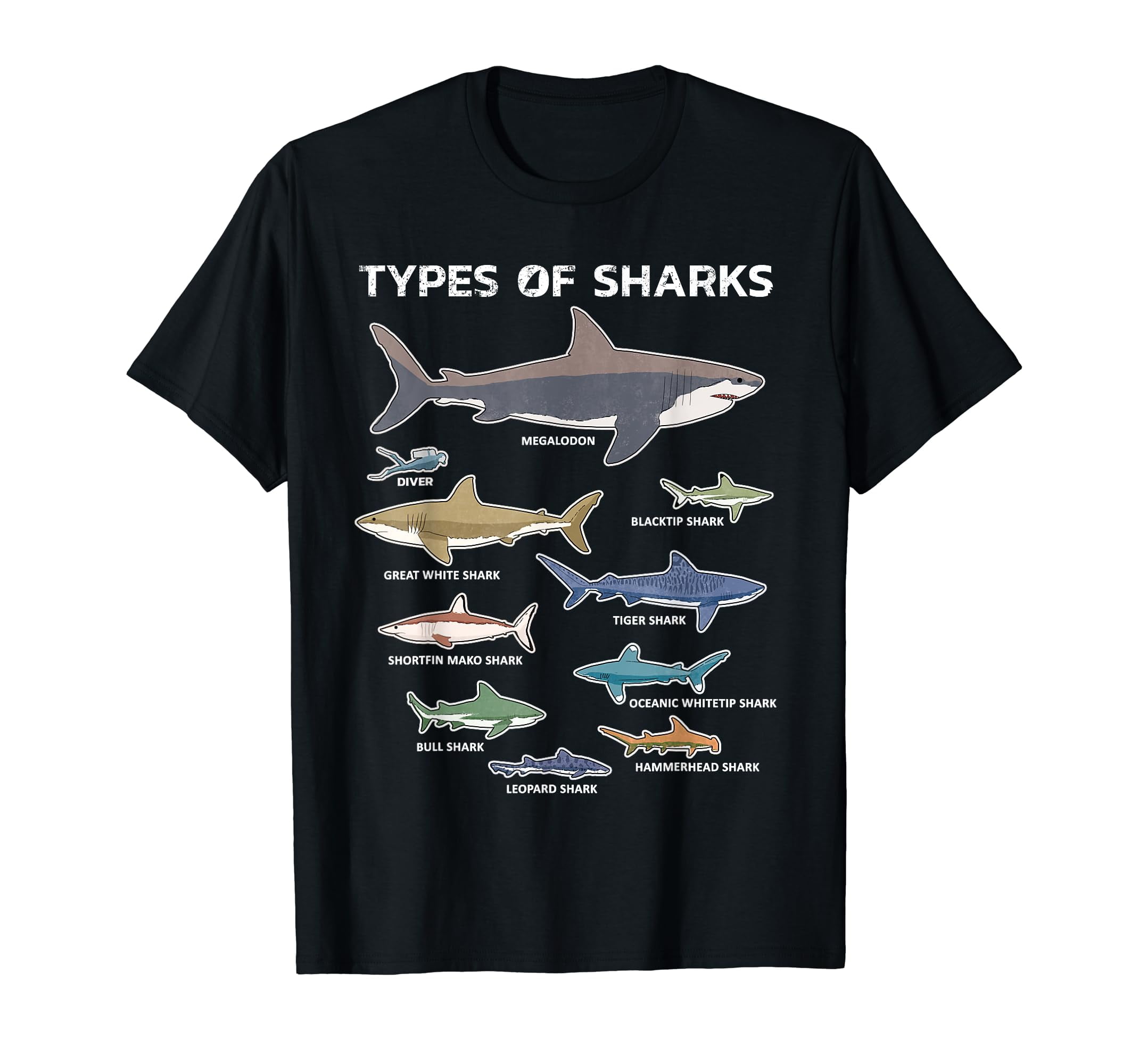 9 Types Of Sharks T-Shirt Educational Colorful Ocean Tee T-Shirt ...